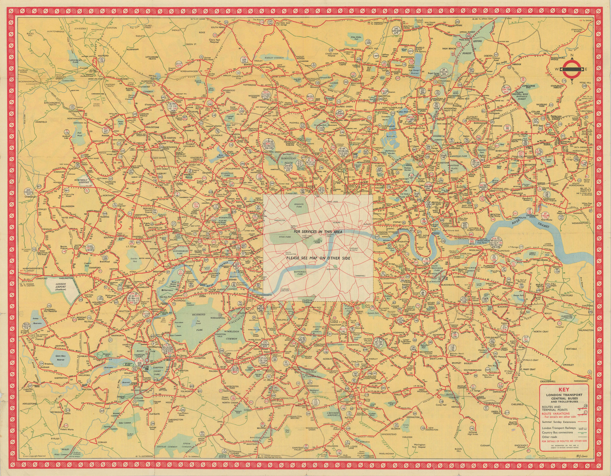 London Transport Bus Map Central Area Inc Trolleybuses LEWIS 1953 Old London Transport Bus Map Central Area Inc Trolleybuses LEWIS 1953 Old