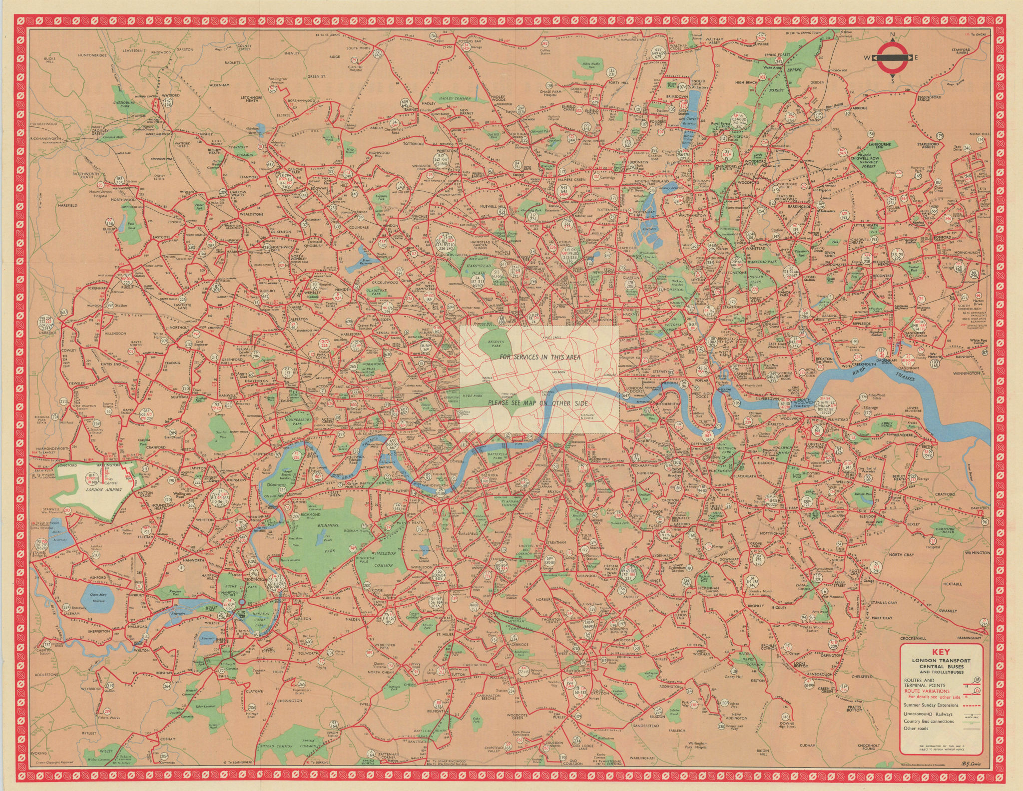 London Transport Bus Map Central Area Buses Trolleybuses LEWIS 2 1960