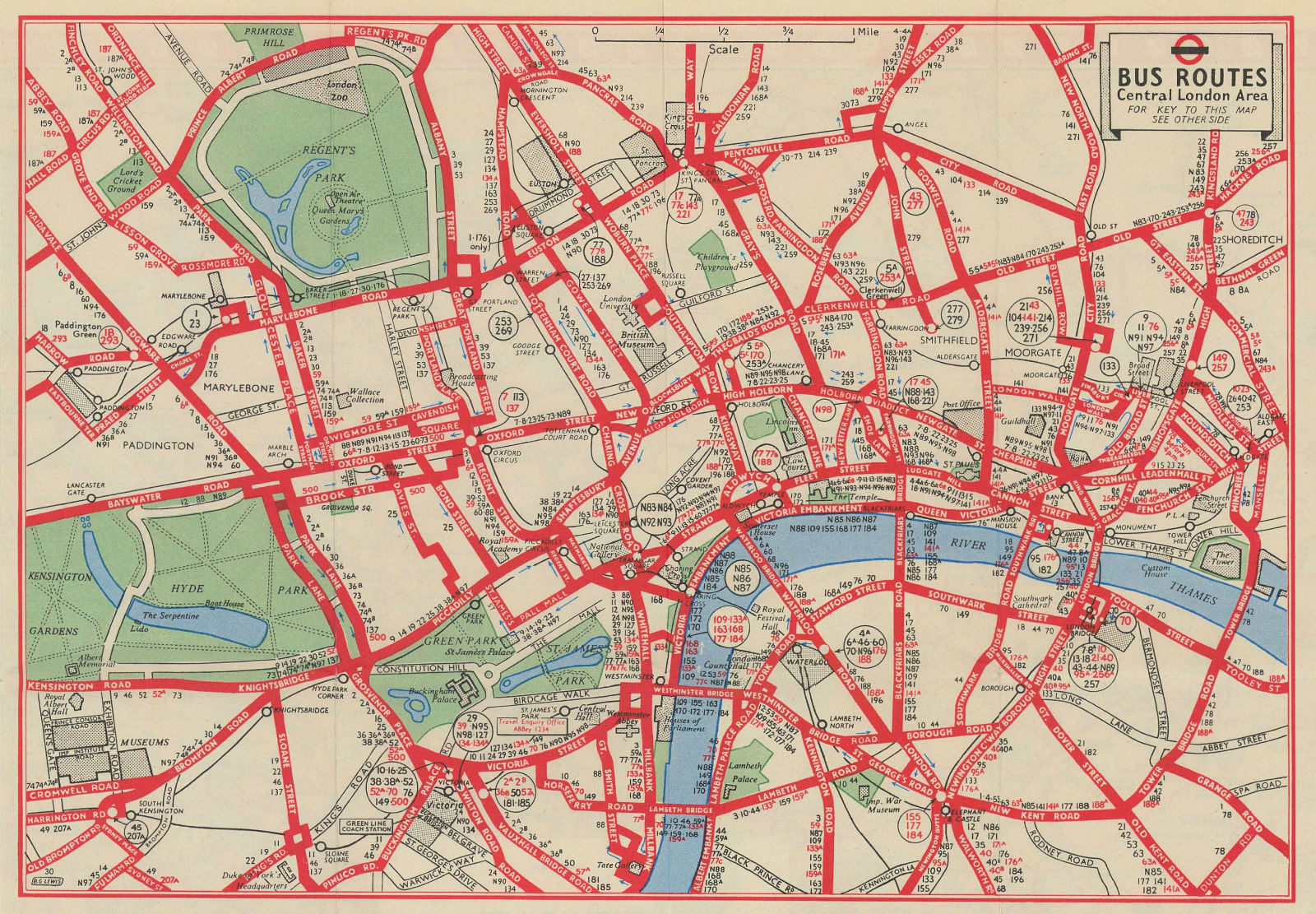 London Transport Central Buses map and list of routes. LEWIS #3 1966 old