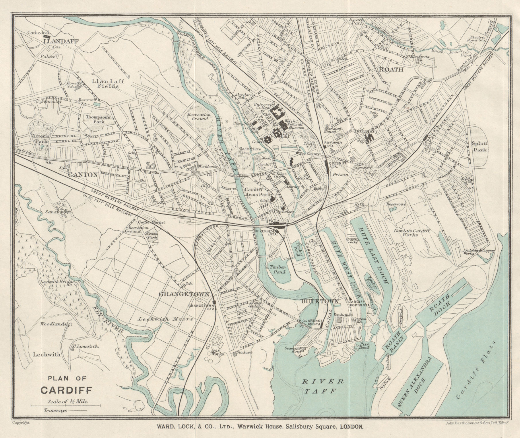 CARDIFF vintage city town plan. Wales. WARD LOCK 1925 old vintage map chart