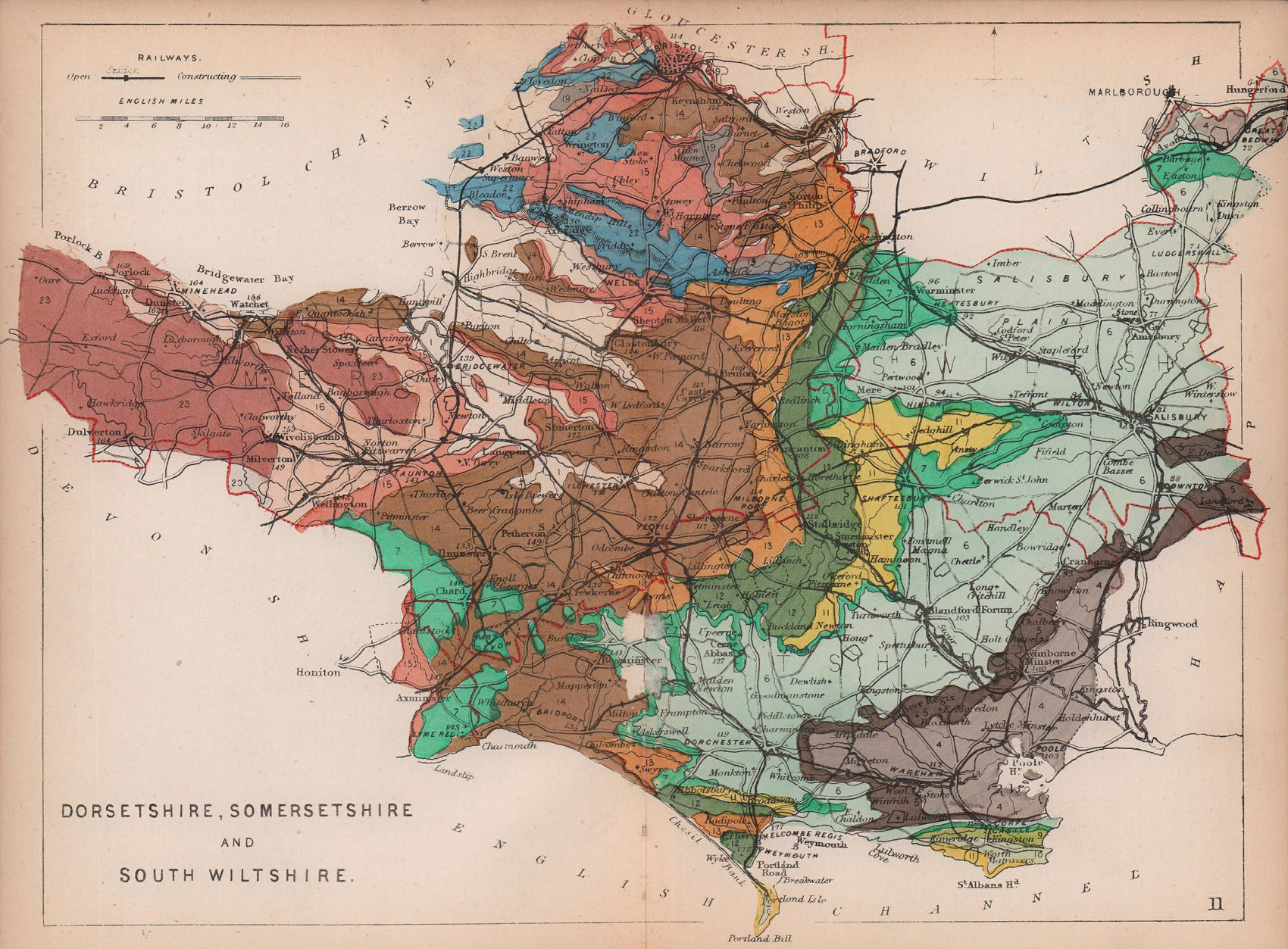 DORSET, SOMERSET & SOUTH WILTSHIRE antique geological county map ...