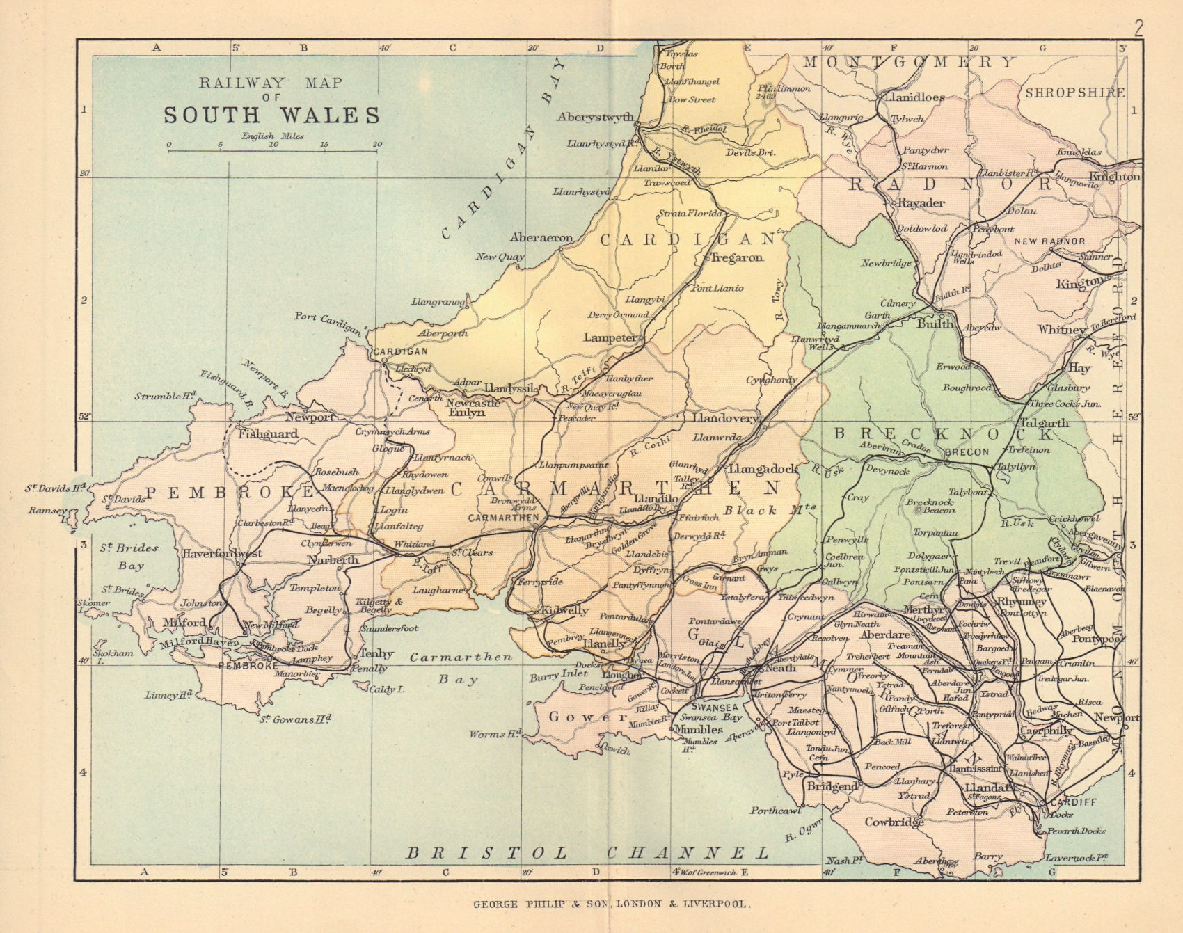WALES Railway Map of South Wales BARTHOLOMEW 1885 old antique plan chart