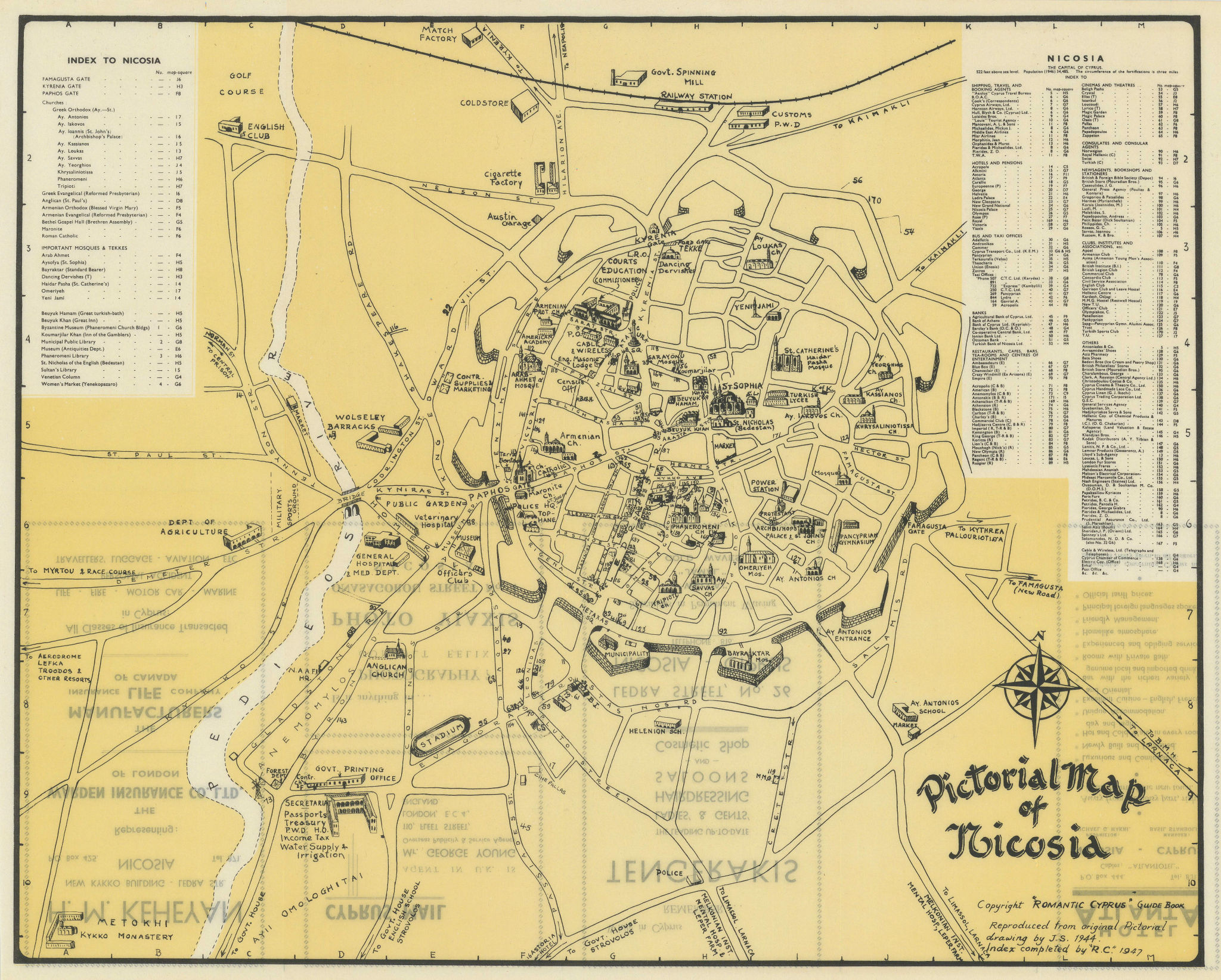 Pictorial map of Nicosia & environs. Vintage town city plan. Cyprus ...