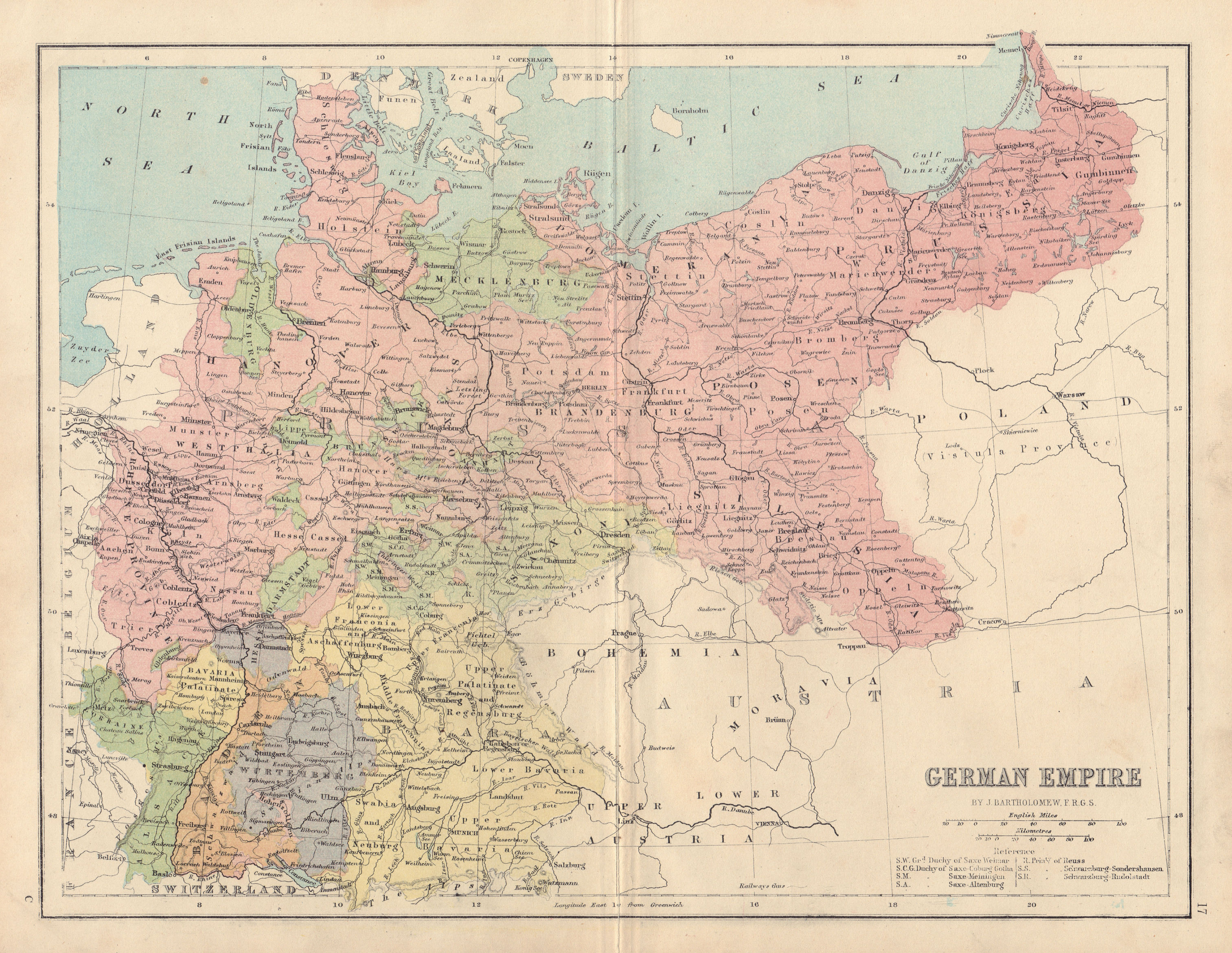 GERMAN EMPIRE including Alsace Lorraine North Schleswig. COLLINS 1873 ...