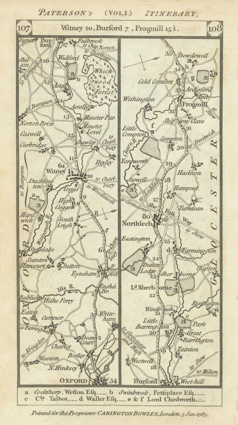 Bristol-Dursley-Whitminster-Gloucester road strip map PATERSON 1785 old