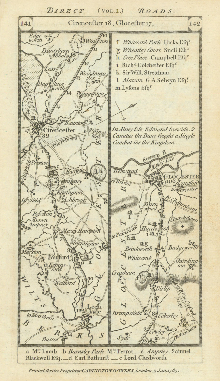 Lechlade - Fairford - Cirencester - Gloucester road strip map PATERSON 1785