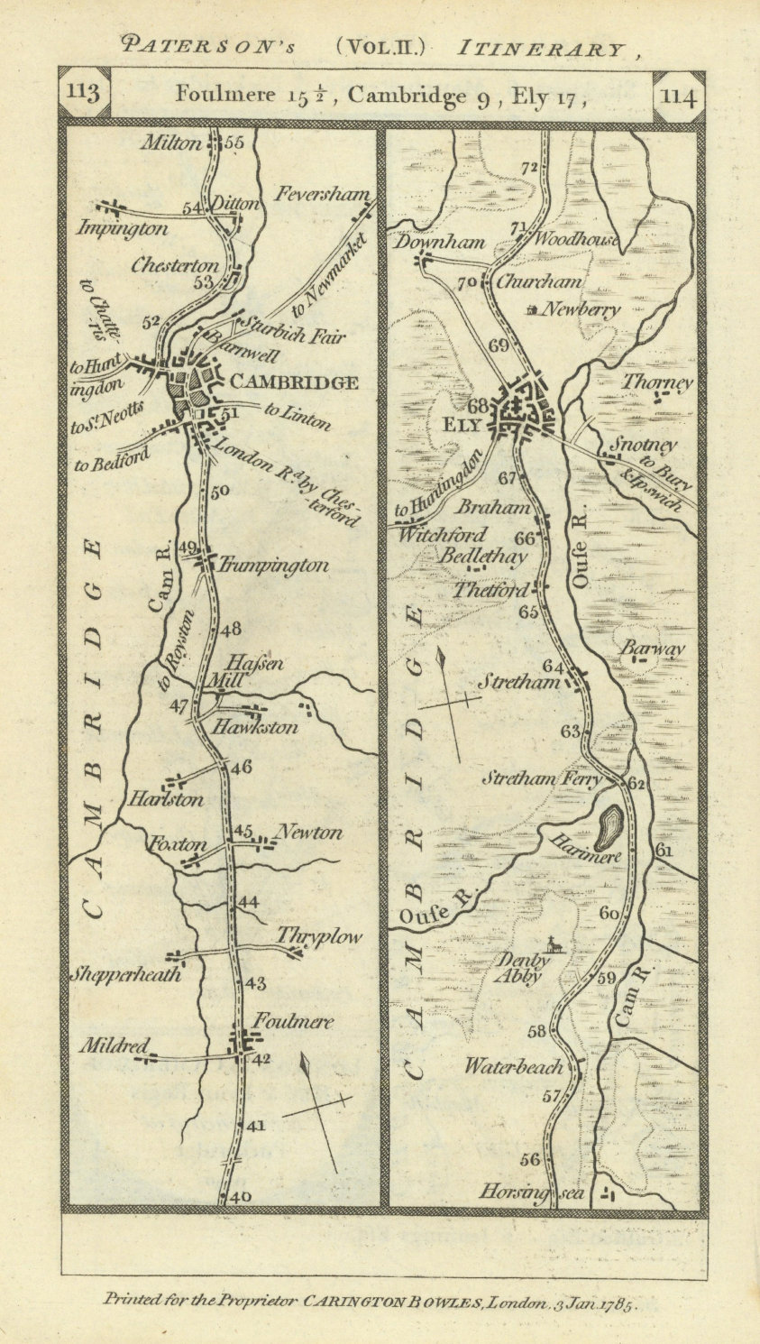 Cambridge - Ely road strip map PATERSON 1785 old antique plan chart
