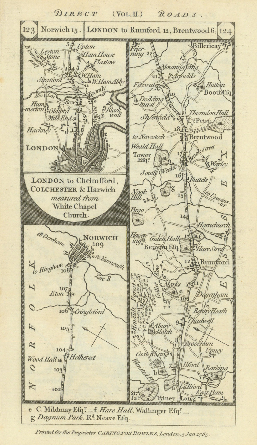 Norwich. West Ham-Romford-Brentwood-Billericay road strip map PATERSON 1785
