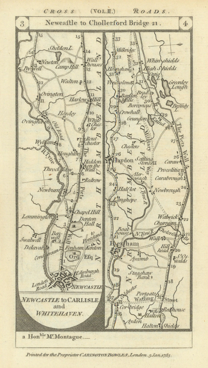 Newcastle-upon-Tyne - Hexham - Haydon Bridge road strip map PATERSON 1785