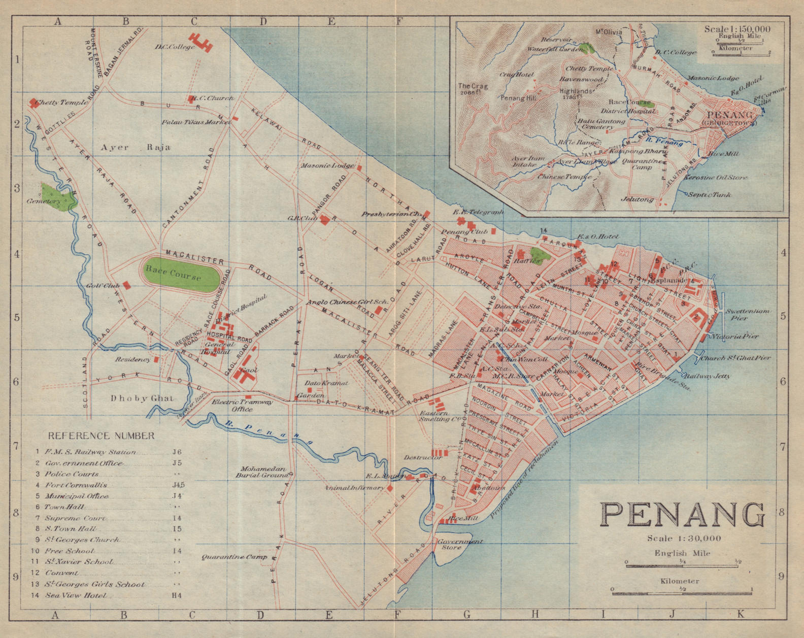George Town, Penang antique town city plan. Malaysia 1917 old map