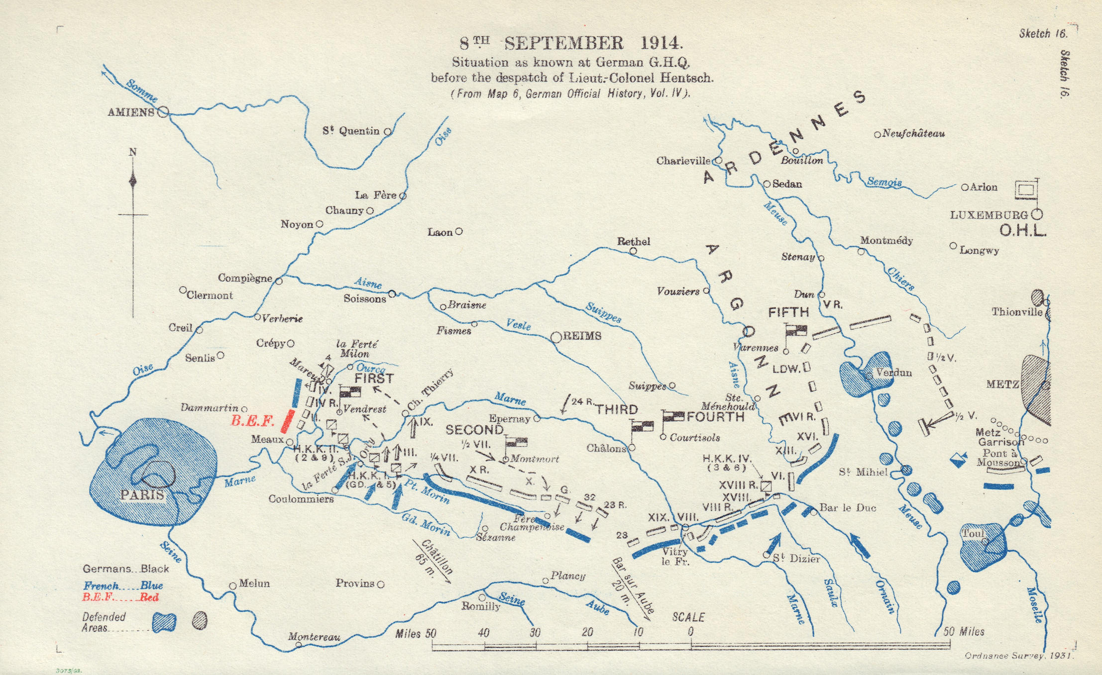 Battle of the Marne 8th September 1914. Situation as known at German HQ ...