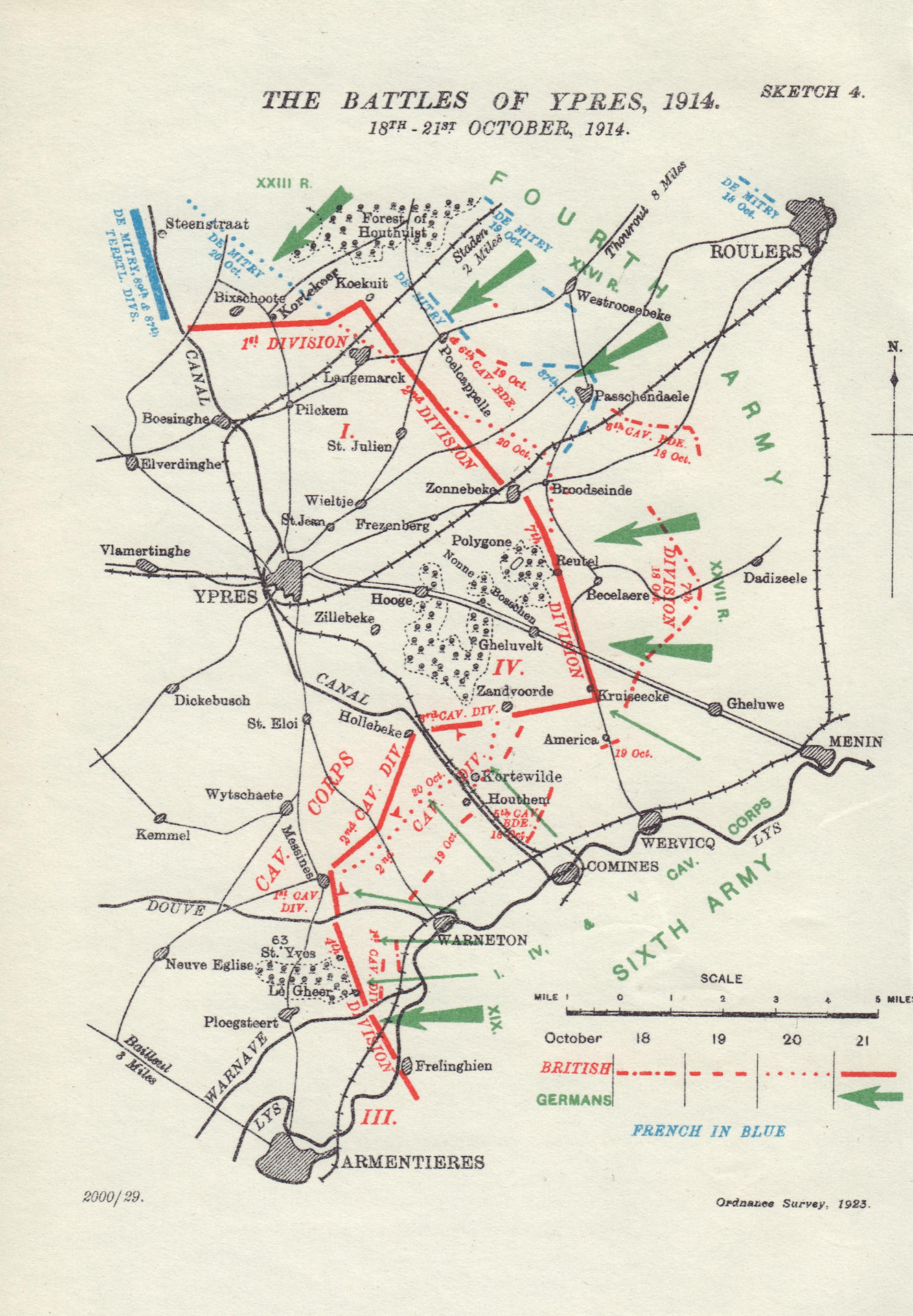 Battle of Ypres. 18th-21st October, 1914. First World War. 1925 old map