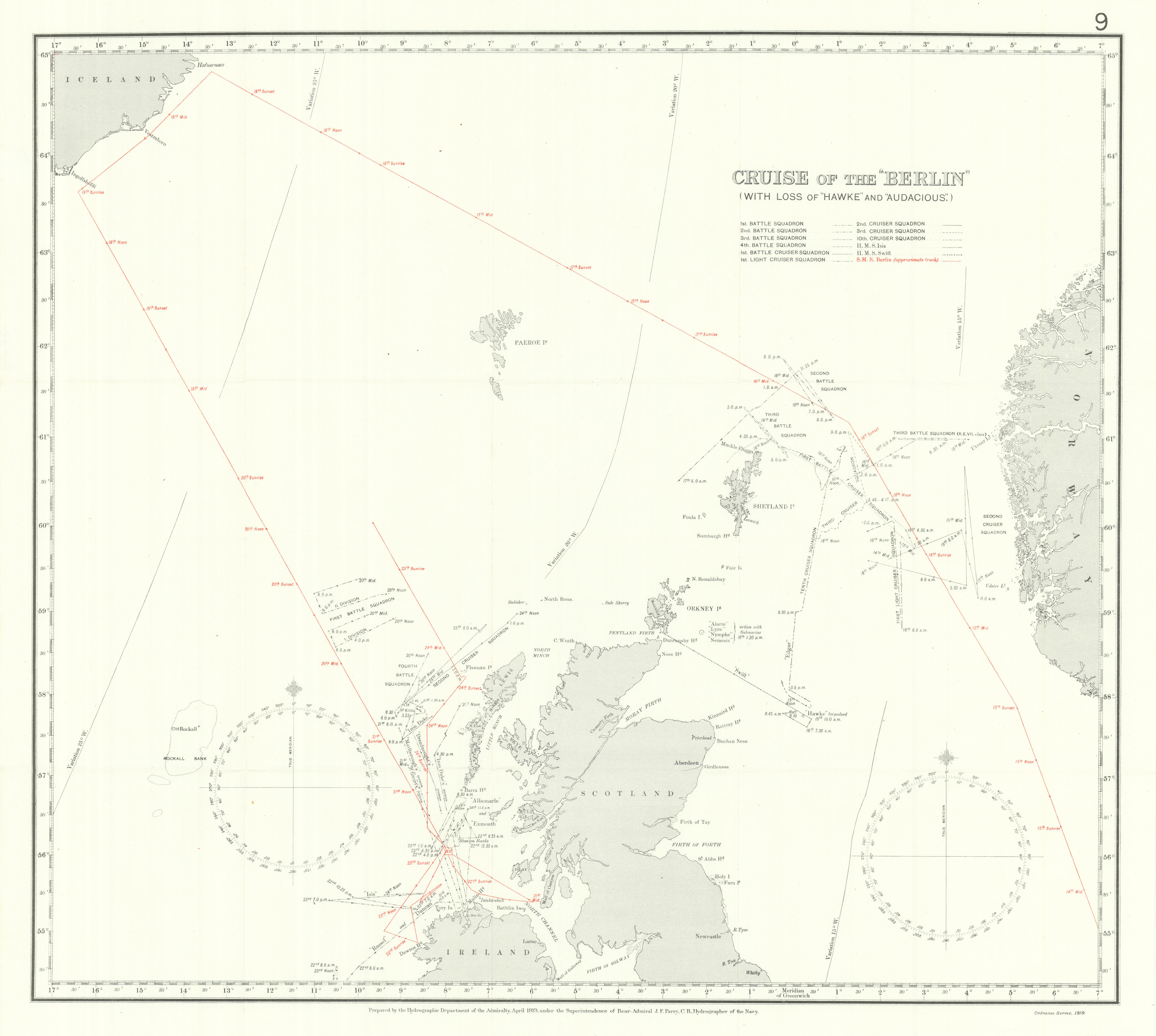 SMS Berlin route. Loss of HMS Hawke & Audacious 1914. First World War ...