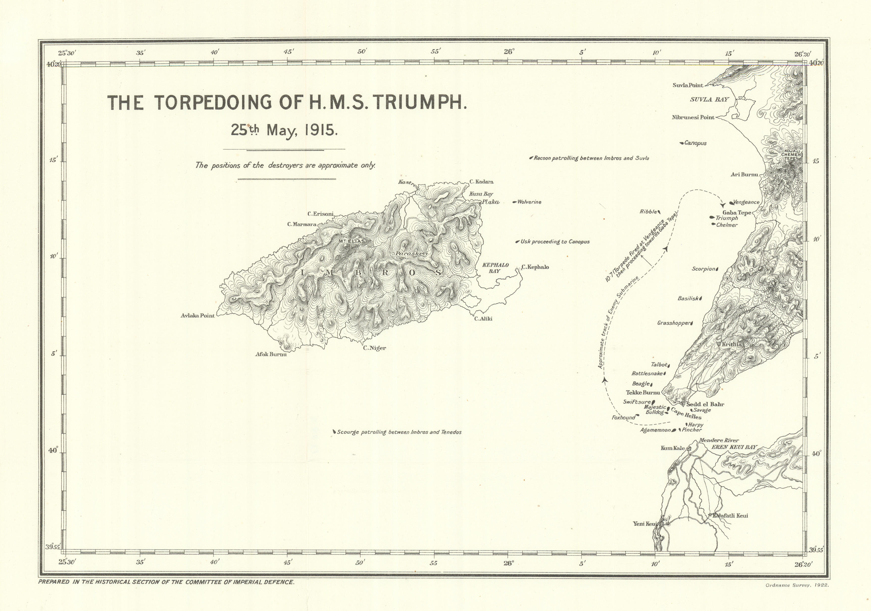 HMS Triumph torpedoing. 25th May, 1915. Gallipoli Campaign. Gokceada ...