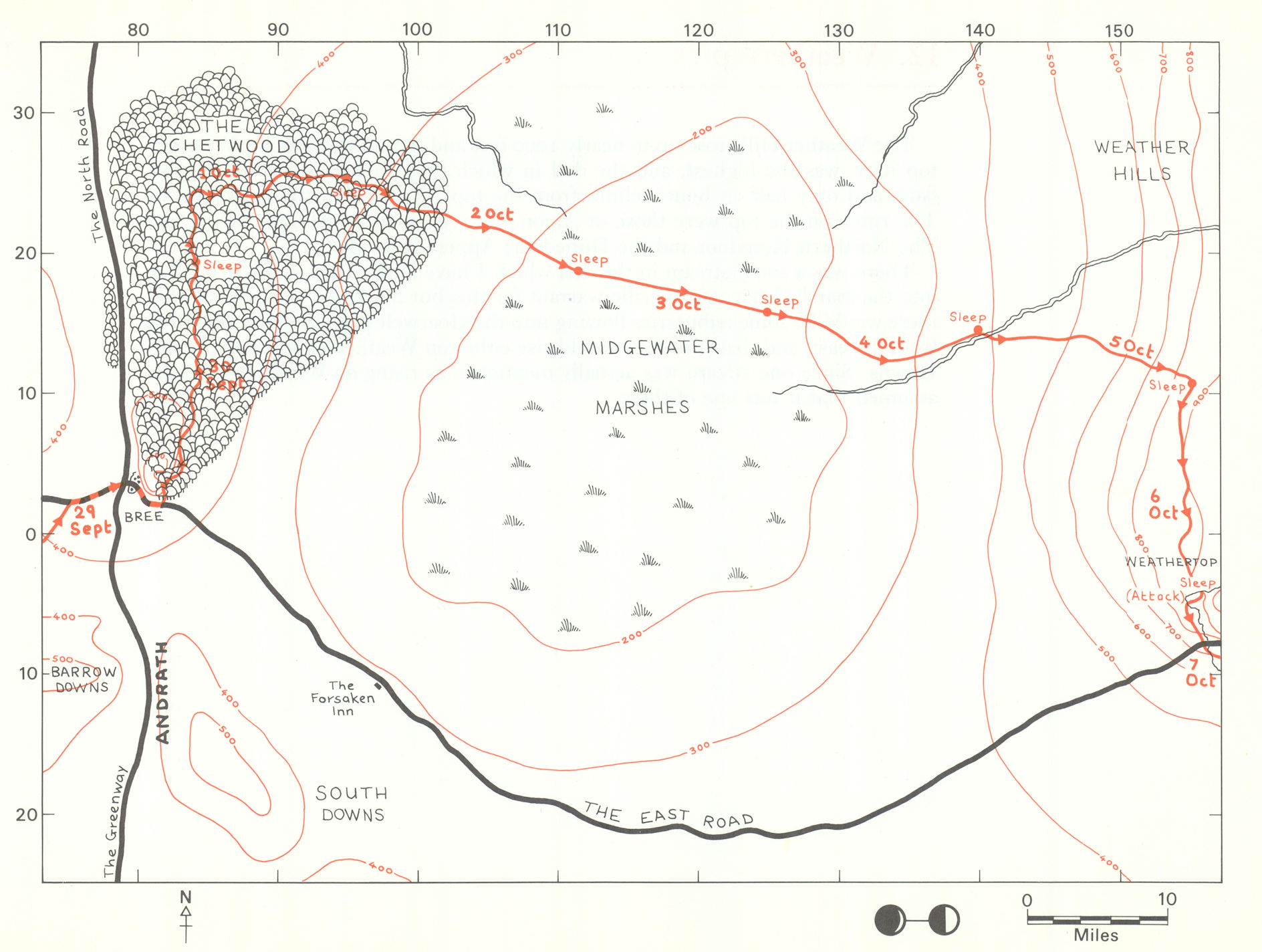 MIDDLE-EARTH Bree to Weathertop. Frodo's route. TOLKIEN/STRACHEY 1981 ...