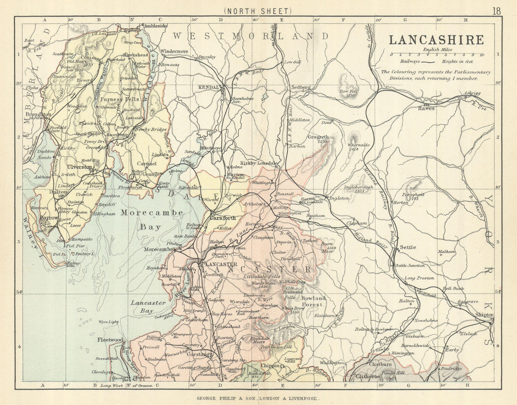 LANCASHIRE NORTH. Antique county map. Railways. PHILIP 1889 old
