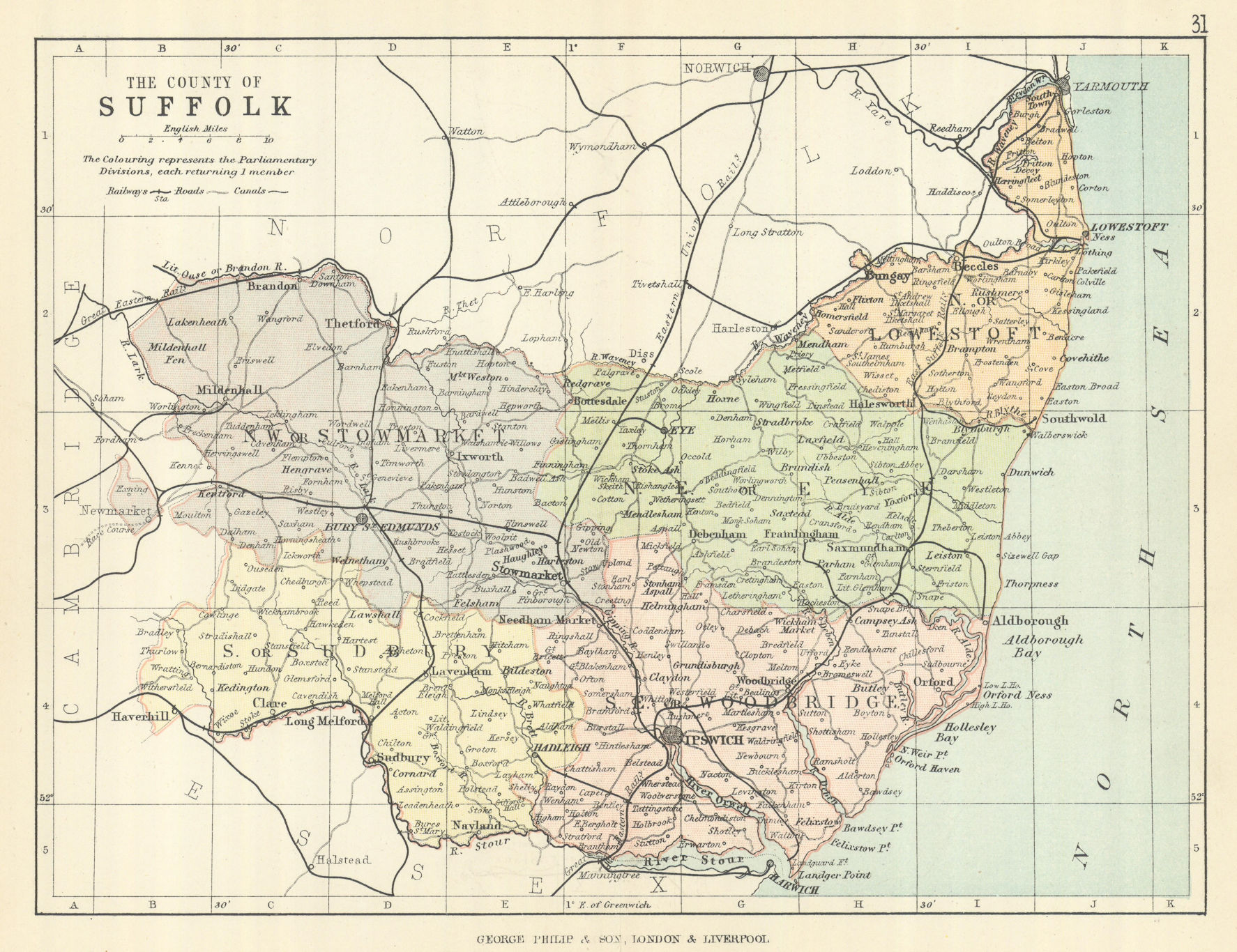 SUFFOLK. Antique county map. Railways roads canals. Constituencies ...