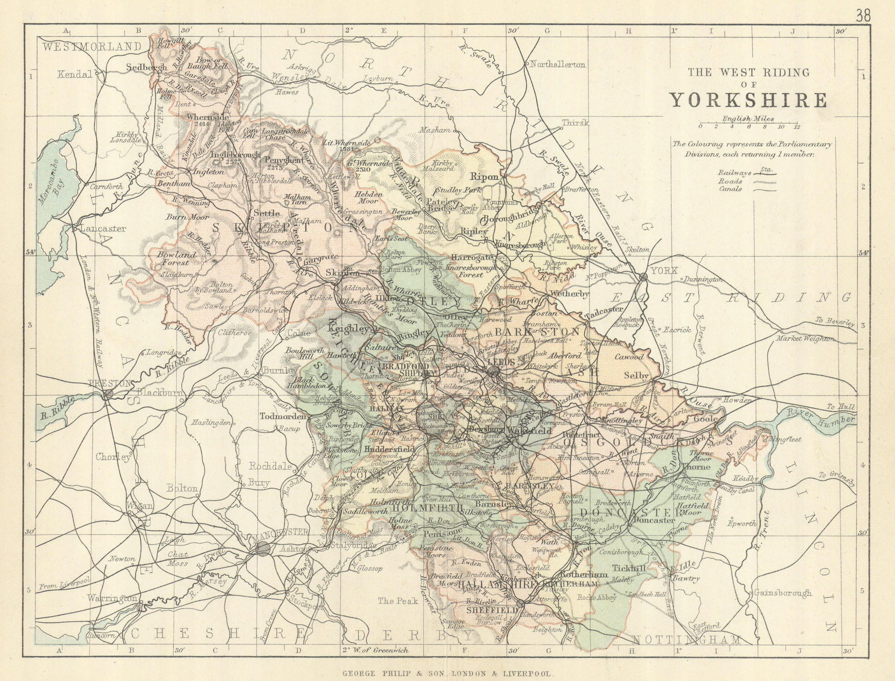 YORKSHIRE WEST RIDING. County map. Railways canals. Constituencies ...