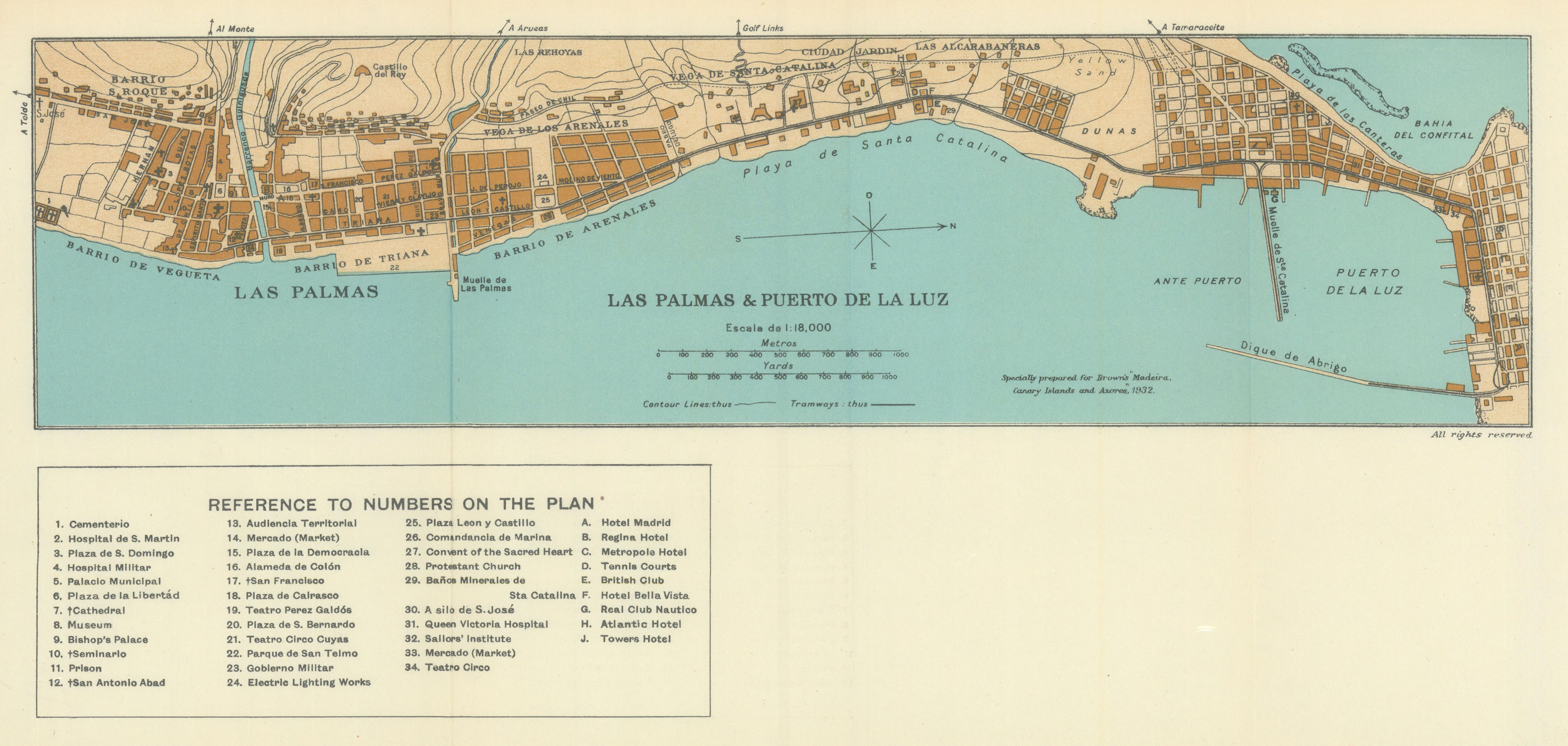 Las Palmas city plan, Gran Canaria, Canary Islands. SAMLER BROWN 1932 ...