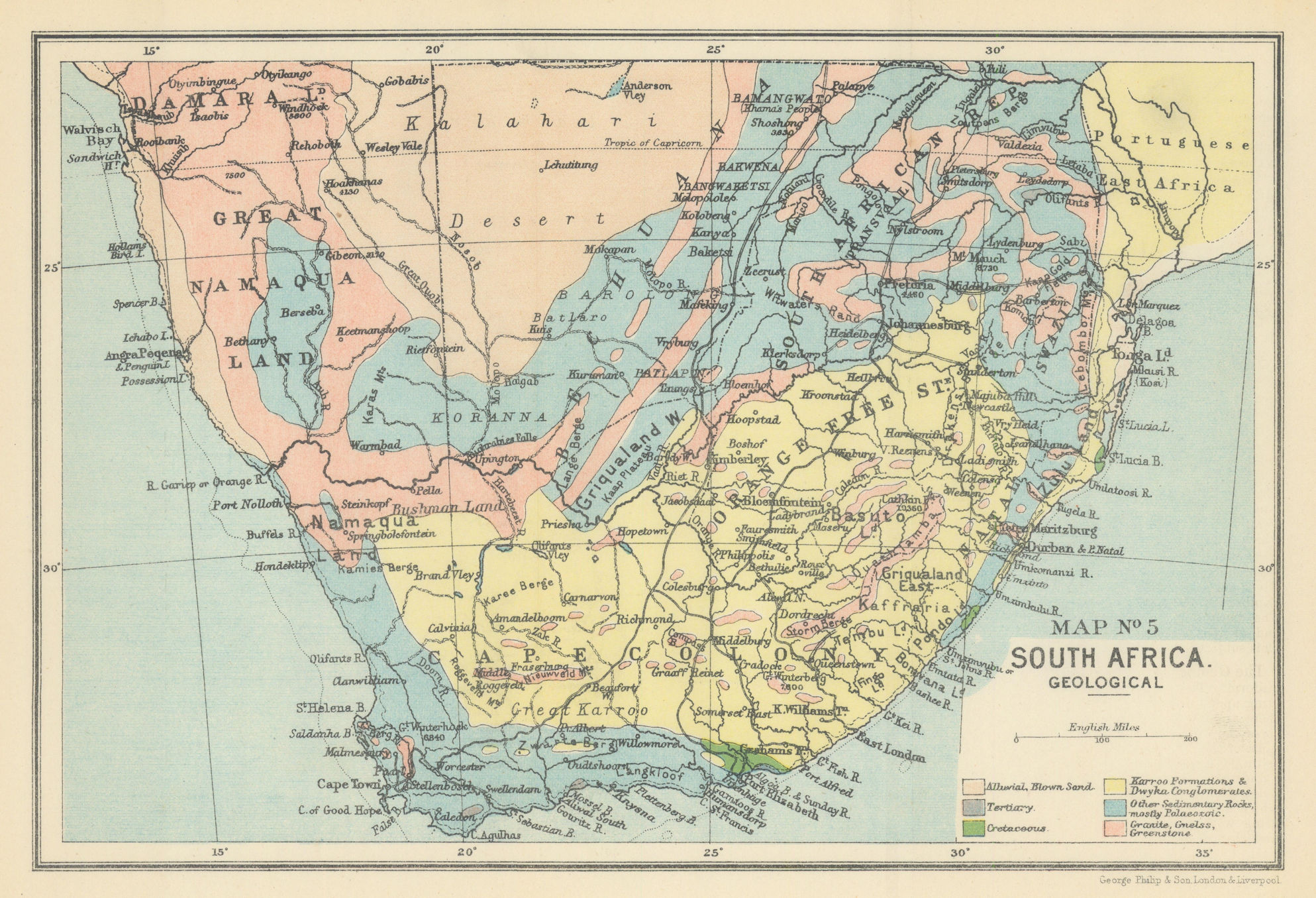 South Africa - Geological. Alluvial Karroo Dwyka Tertiary. SAMLER BROWN ...