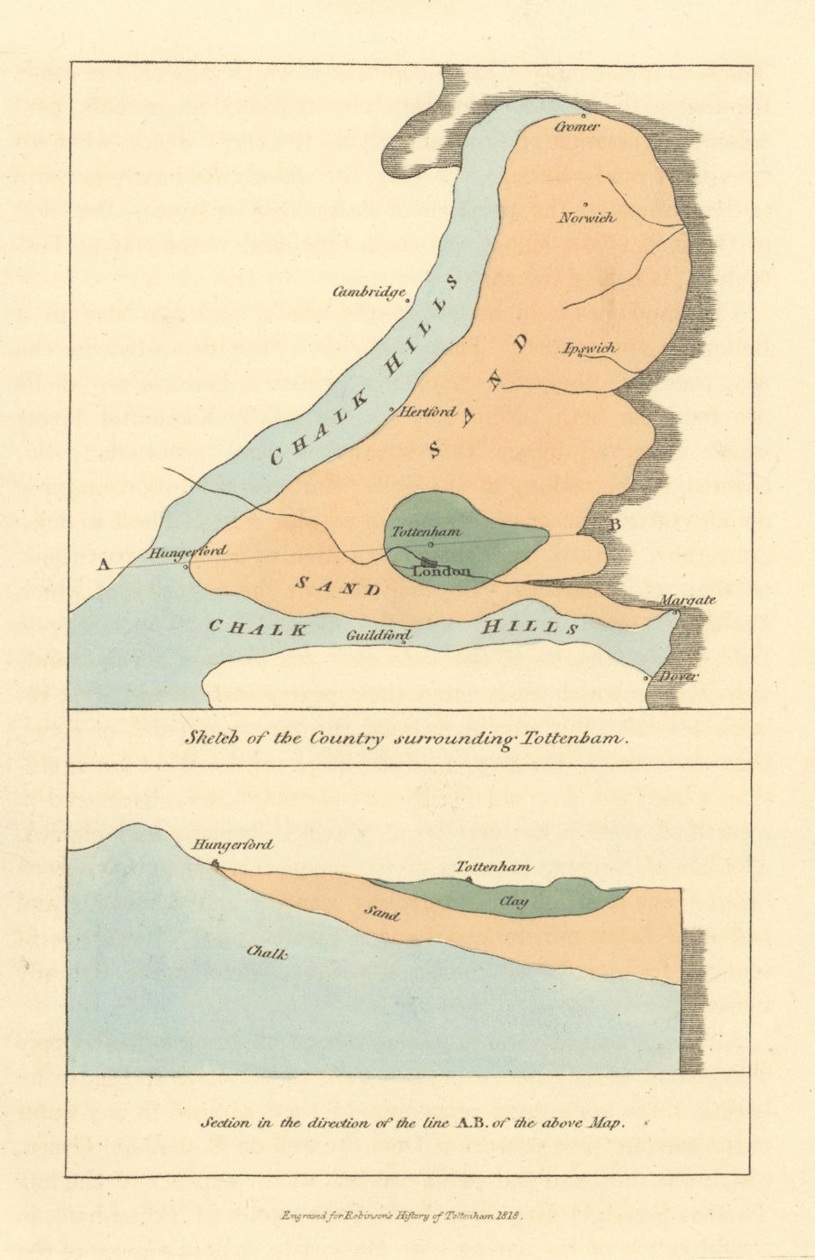 Geological Map of the country surrounding Tottenham 1840 old antique chart