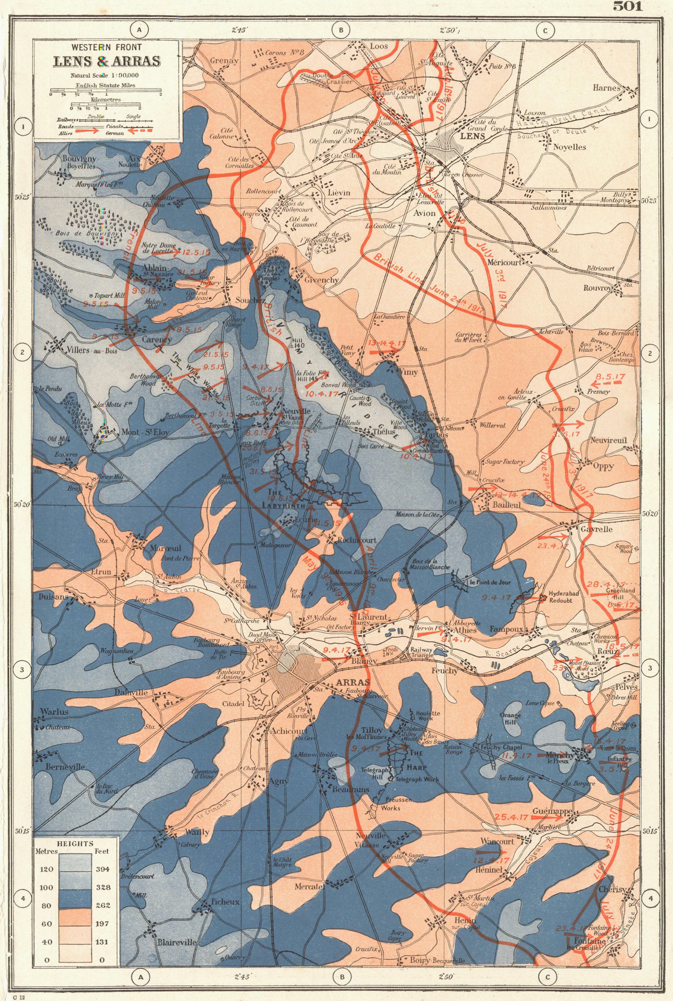 FIRST WORLD WAR WESTERN FRONT. Lens & Arras. 1915-17 battle lines. WW1 ...