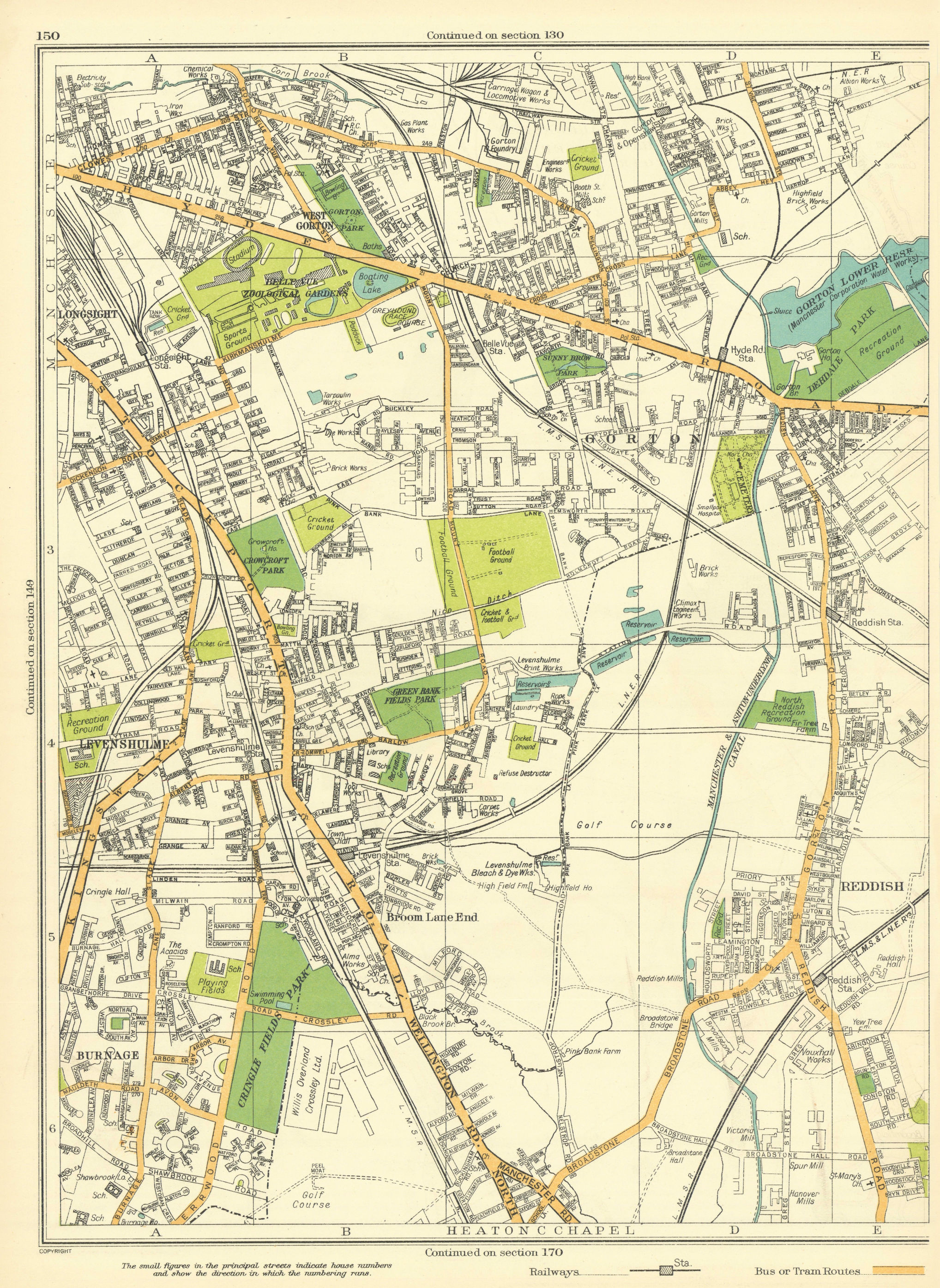 MANCHESTER Levenshulme Reddish Gorton Broom Lane End Burnage 1935 old map