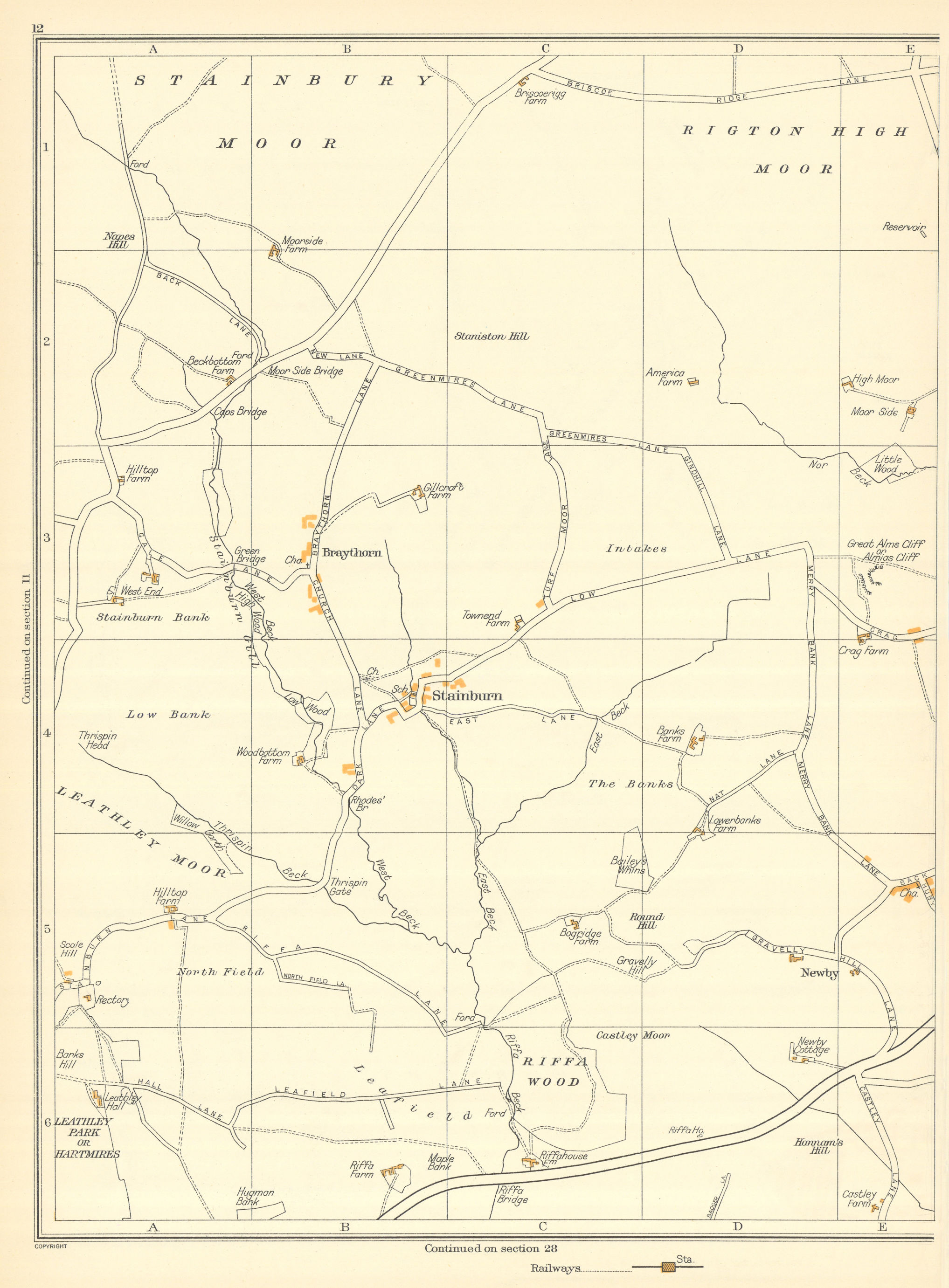 YORKSHIRE Stainbury Moor Stainburn Riffa Wood Newby Braythorn Huby 1935 map