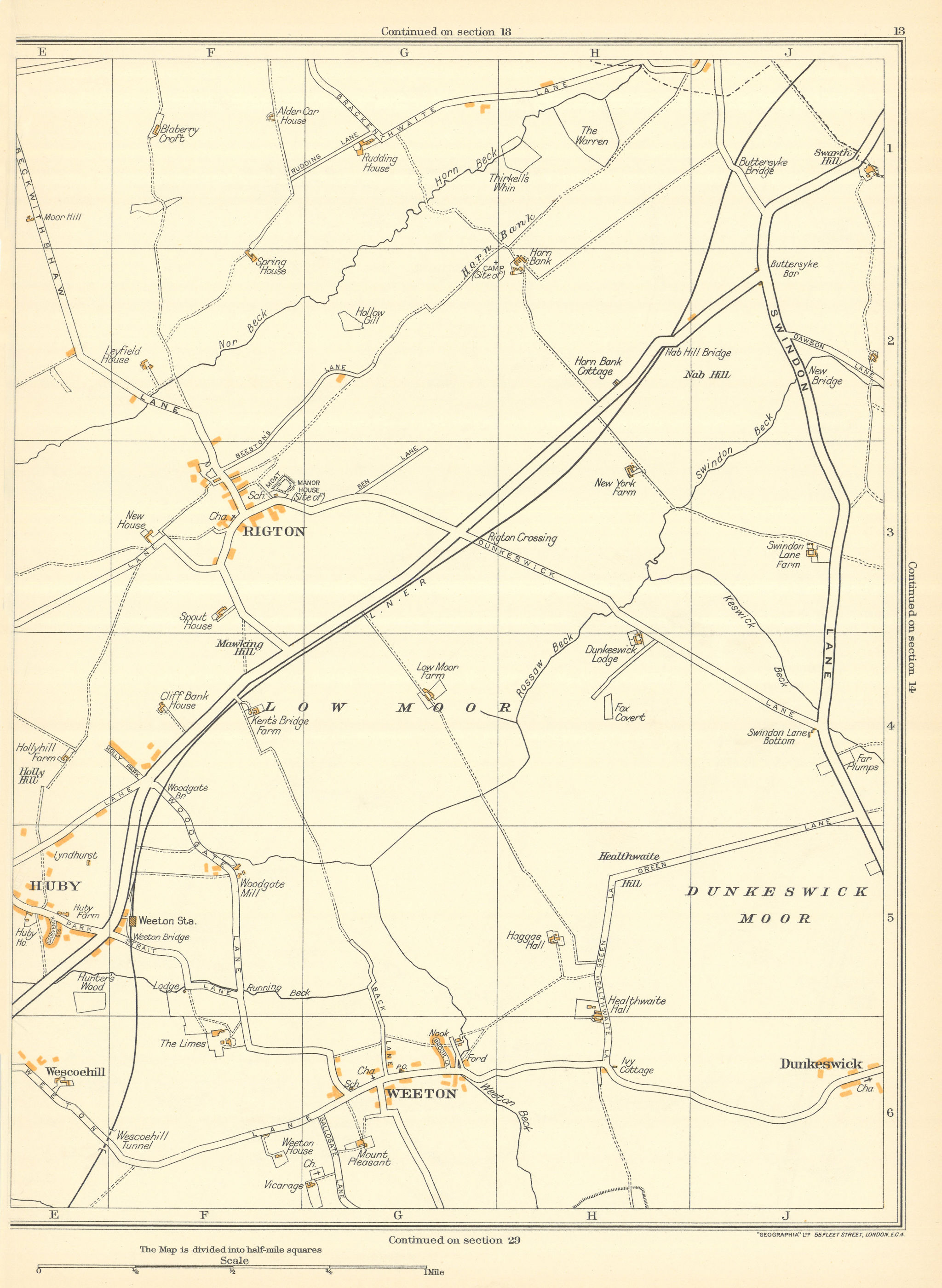 YORKSHIRE Stainbury Moor Stainburn Riffa Wood Newby Braythorn Huby 1935 map