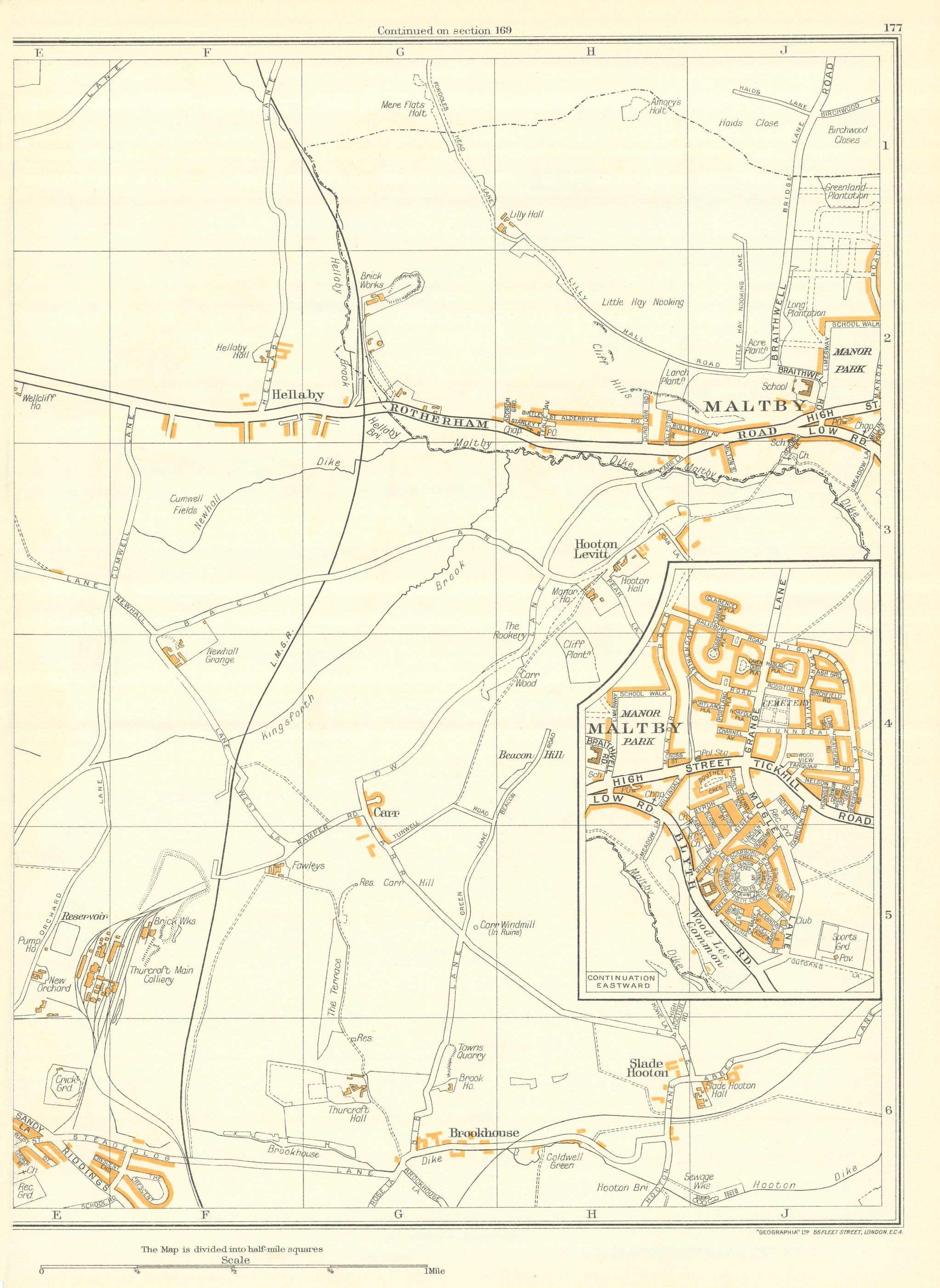 MALTBY Brookhouse Hellaby Carr Hooton Levitt Thurcroft Bramley 1935 old map