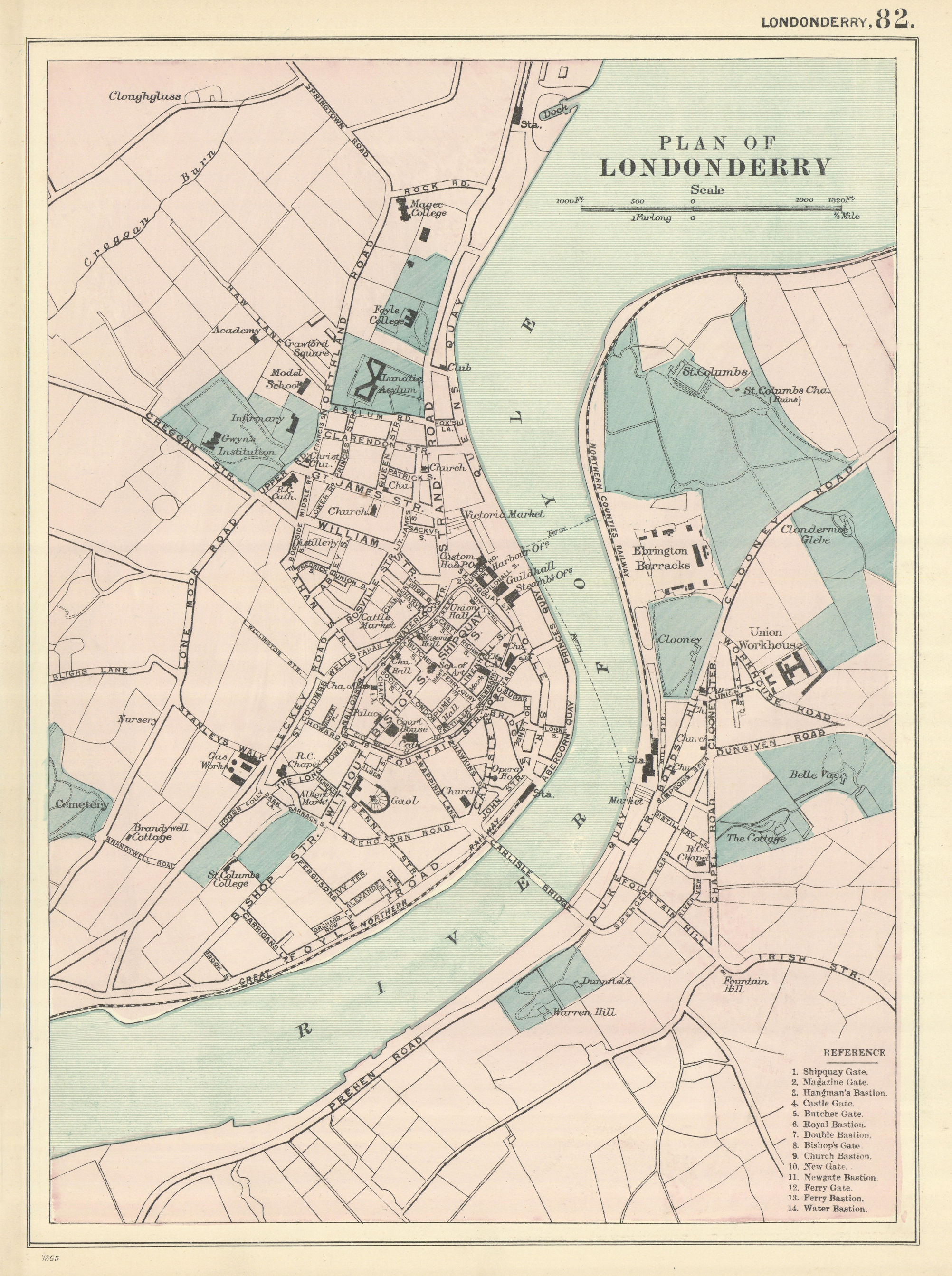 LONDONDERRY town city plan. Foyle Brandywell Dungiven Road. BACON 1898 ...