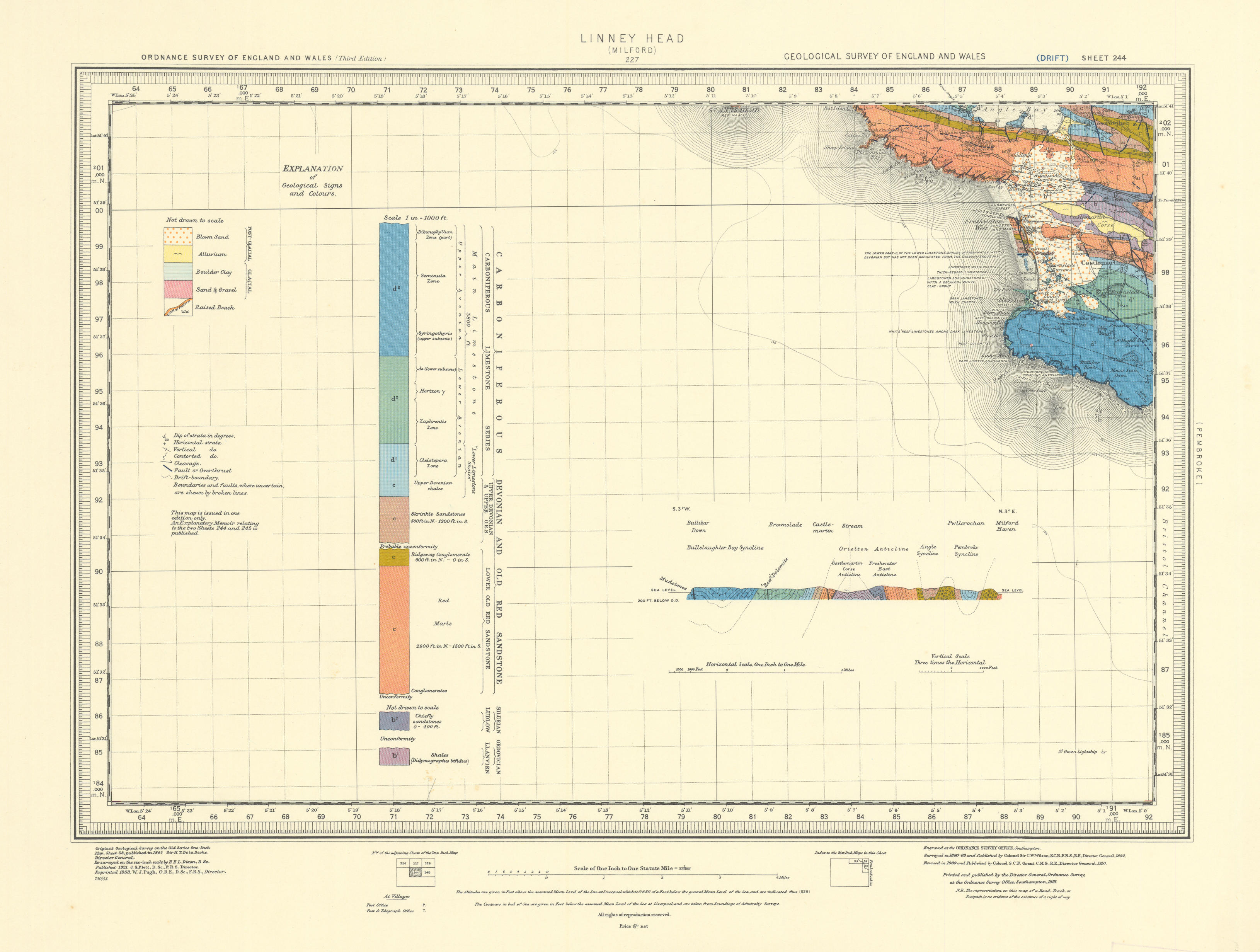 Linney Head geological survey sheet 244 Pembrokeshire Coast 1953 old map