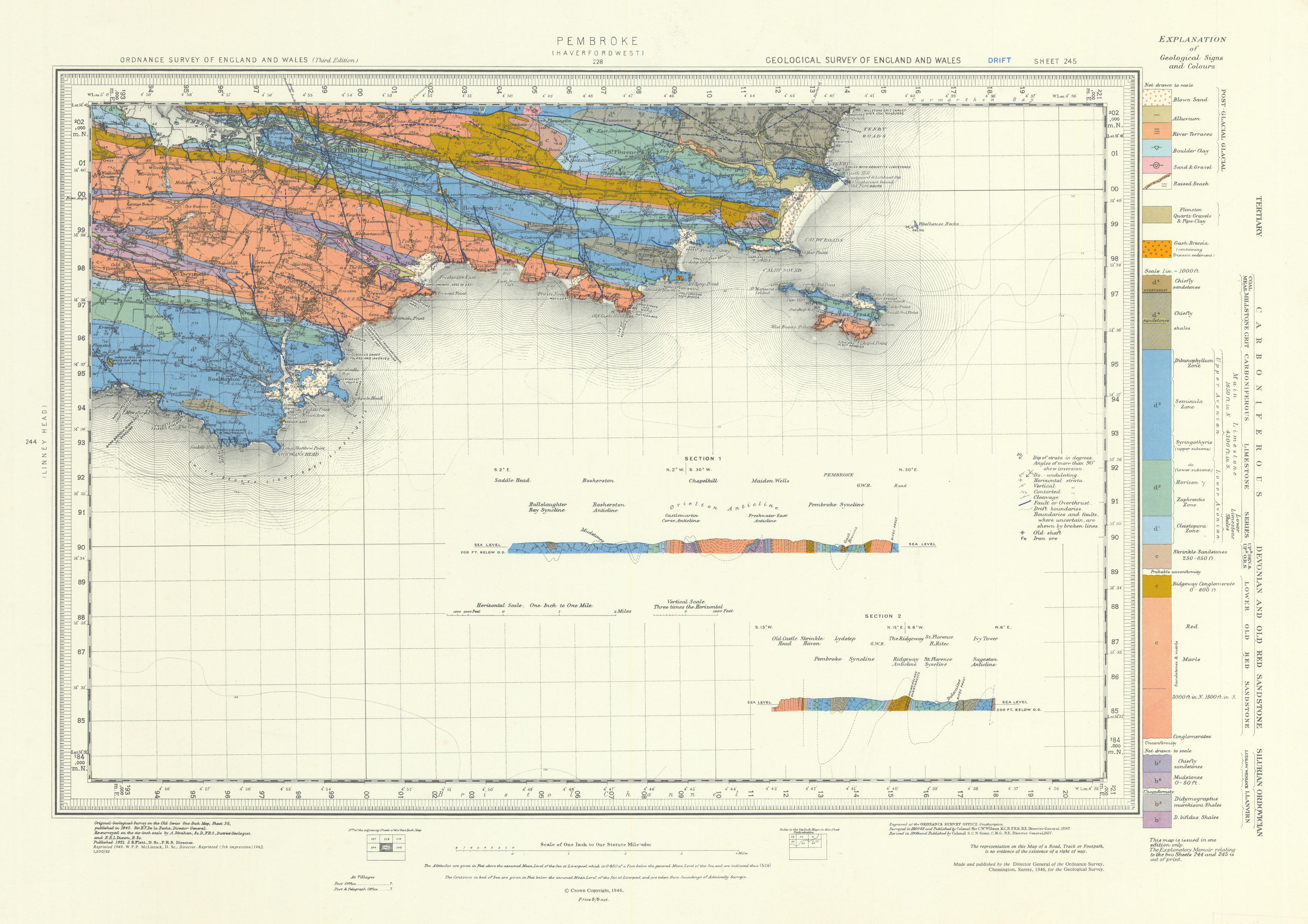 Linney Head geological survey sheet 244 Pembrokeshire Coast 1953 old map