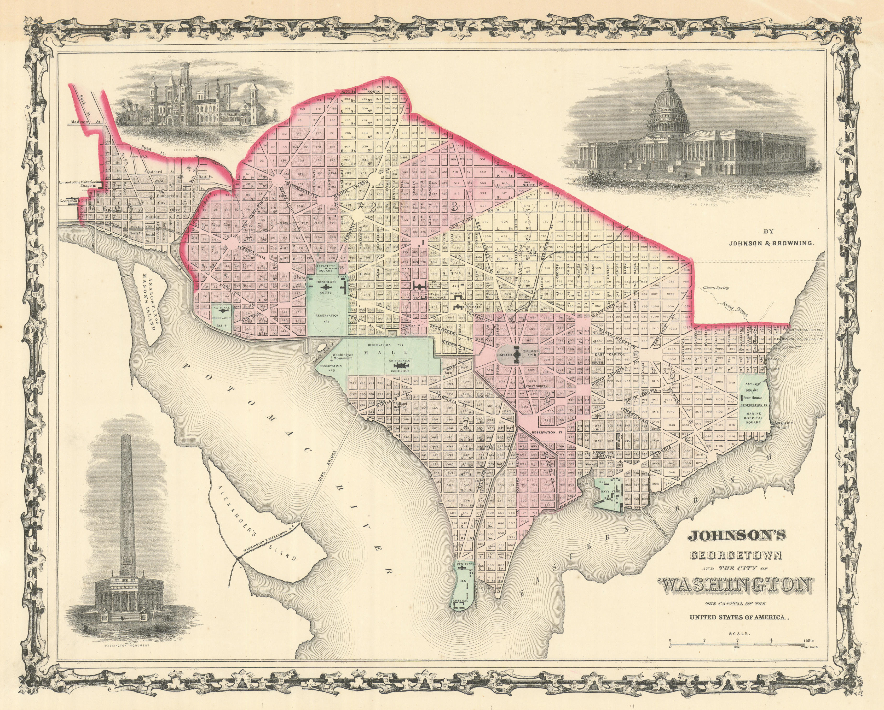 Johnson's Georgetown and the City of Washington DC 1861 old antique map ...