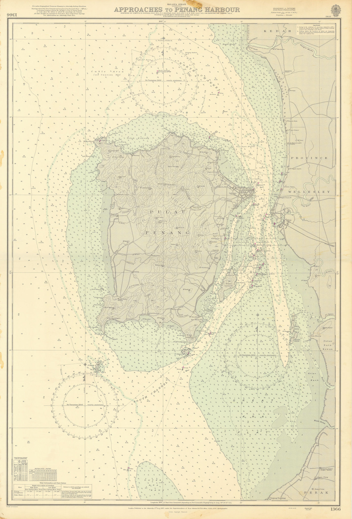 Penang Island & harbour approaches. Malaysia. ADMIRALTY sea chart 1957 ...