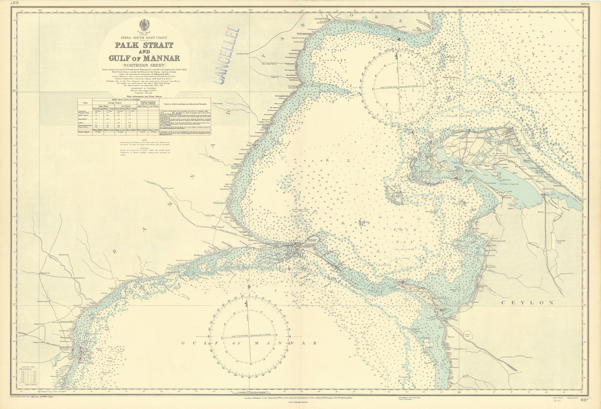 Palk Strait Mannar Gulf Adam's Bridge Sri Lanka ADMIRALTY chart 1931 ...