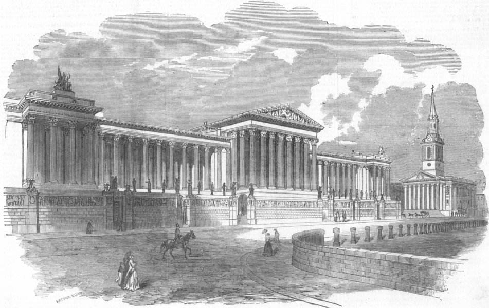 LONDON Design For National Gallery Trafalgar Sq Antique Print 1849