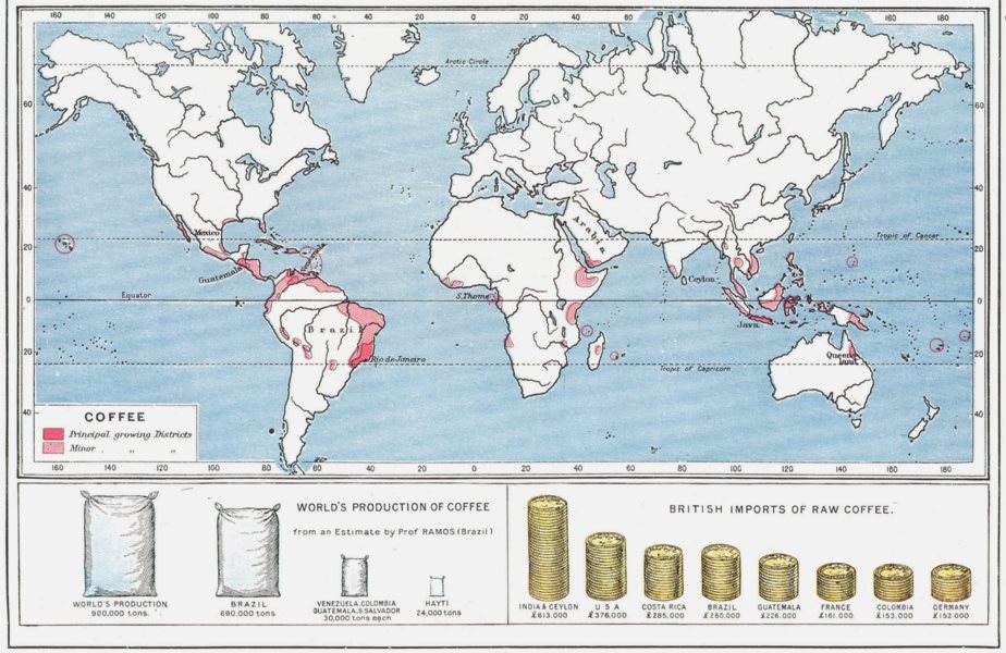 WORLD. Commodities - Production & sources of Coffee 1907 old antique ...