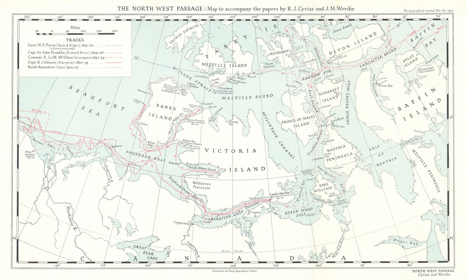 North West Passage. Explorers' routes. Parry &c. RGS/Cyriax & Wordie ...
