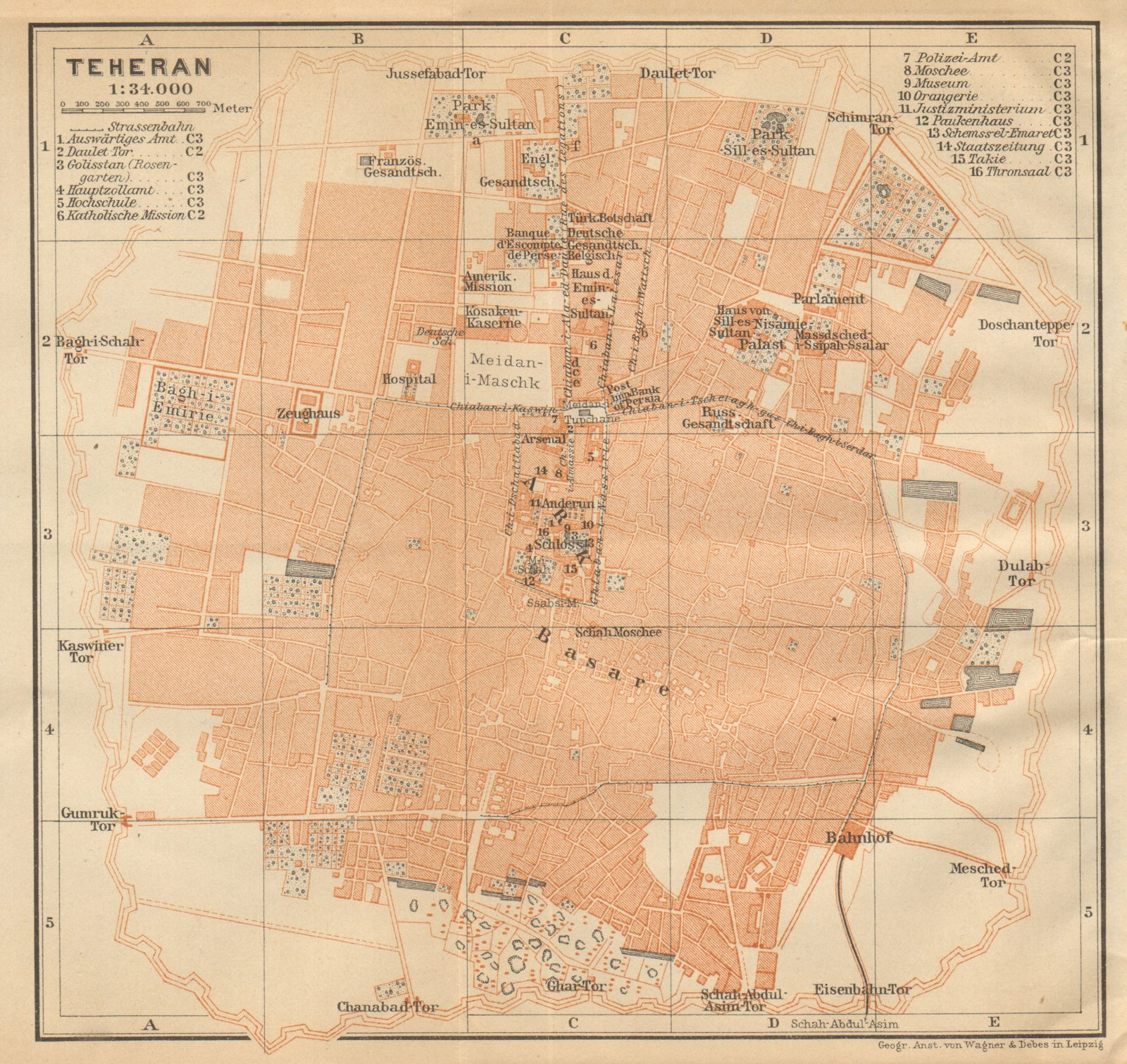 Tehran town/city plan. Iran. Teheran. BAEDEKER 1912 old antique map chart