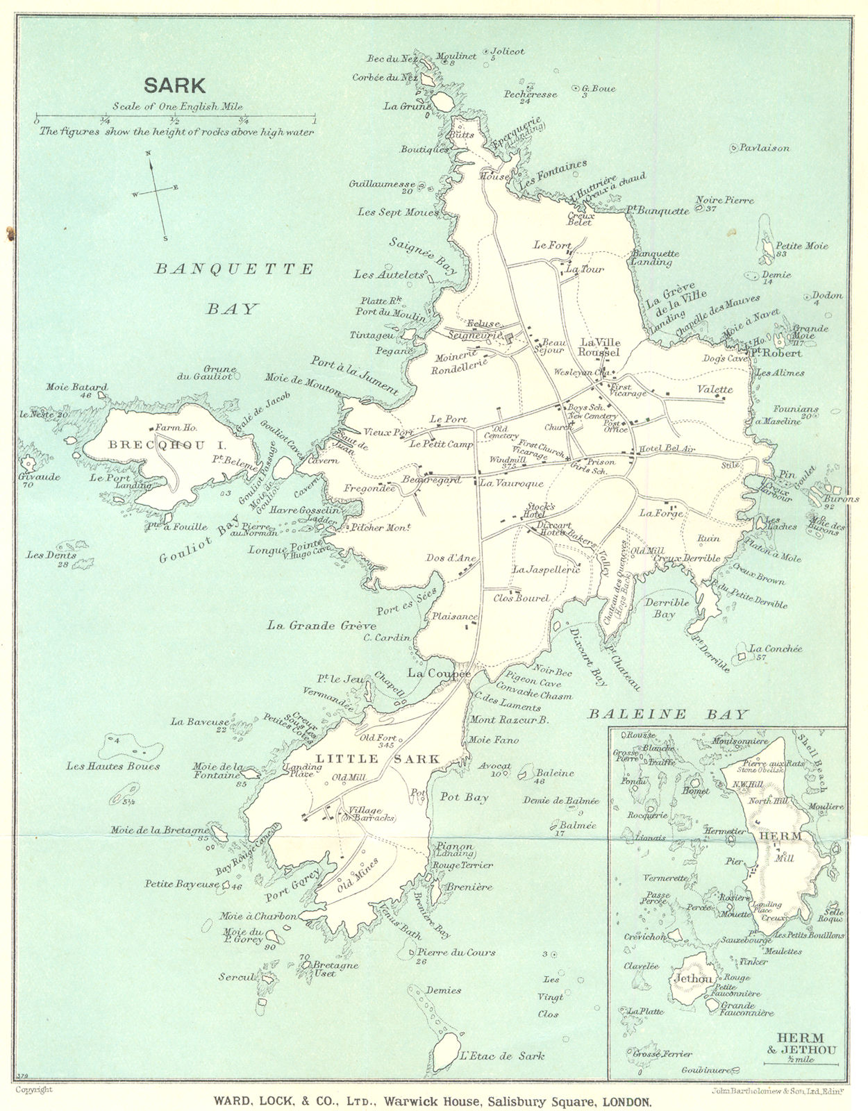 CHANNEL ISLANDS. Sark; Inset map of Herm & Jethou. WARD LOCK 1925 old