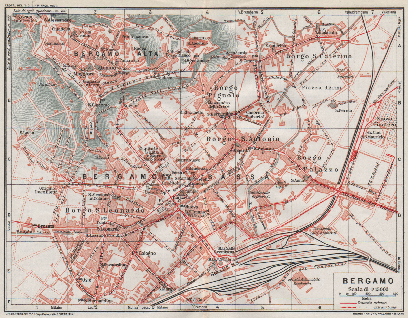 BERGAMO. Vintage town city map plan. Italy 1924 old vintage chart