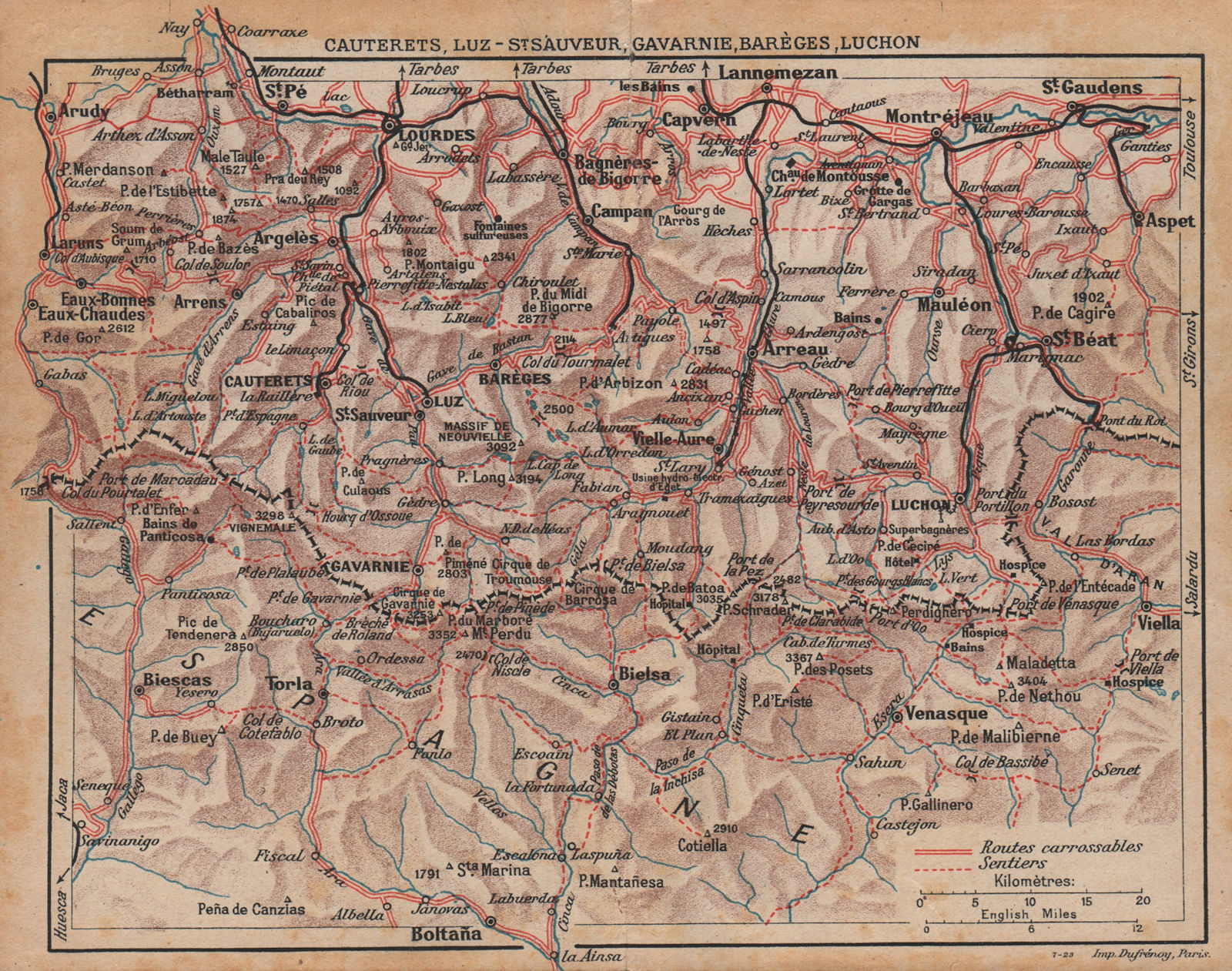 HAUTES-PYRÉNÉES. Vintage sentier walking map. Cauterets Luz Gavarnie ...