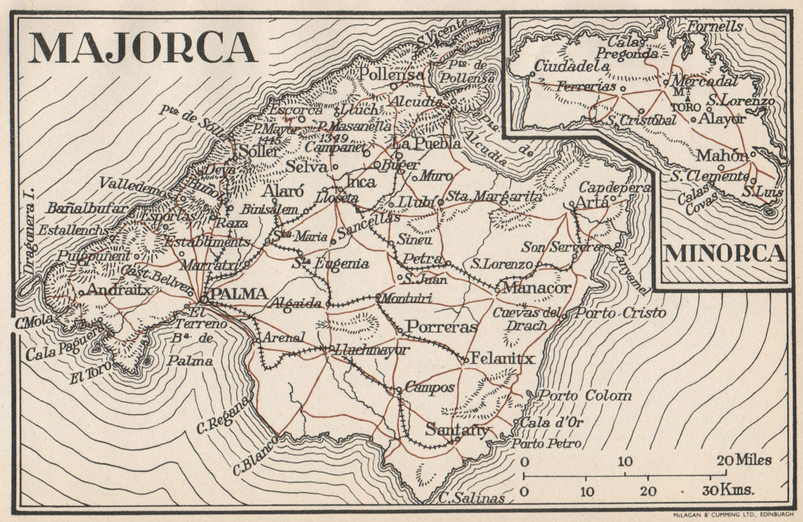 MAJORCA & MINORCA. Vintage map plan. Spain. Mallorca Menorca 1958 old