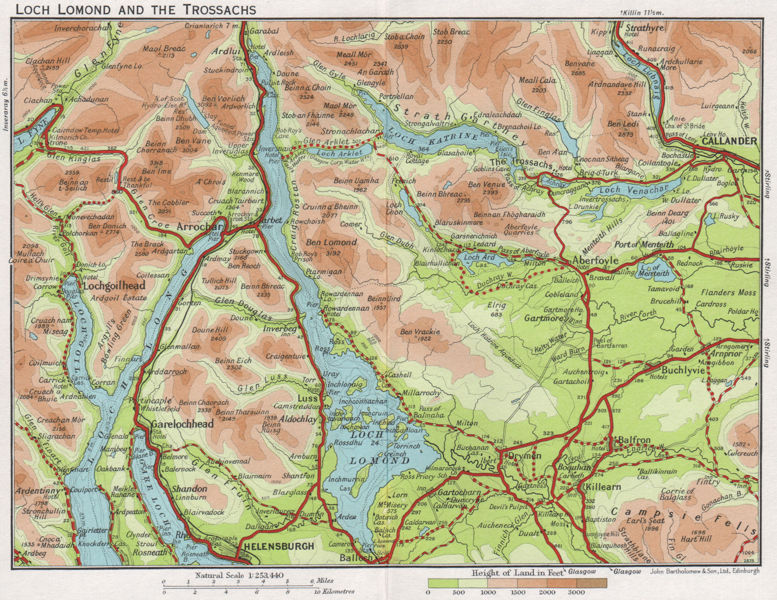 LOCH LOMOND & THE TROSSACHS. Vintage map. Helensburgh Callander ...