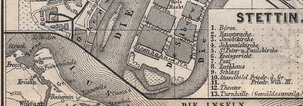 STETTIN SZCZECIN antique town city plan miasta. Poland mapa. BAEDEKER 1886