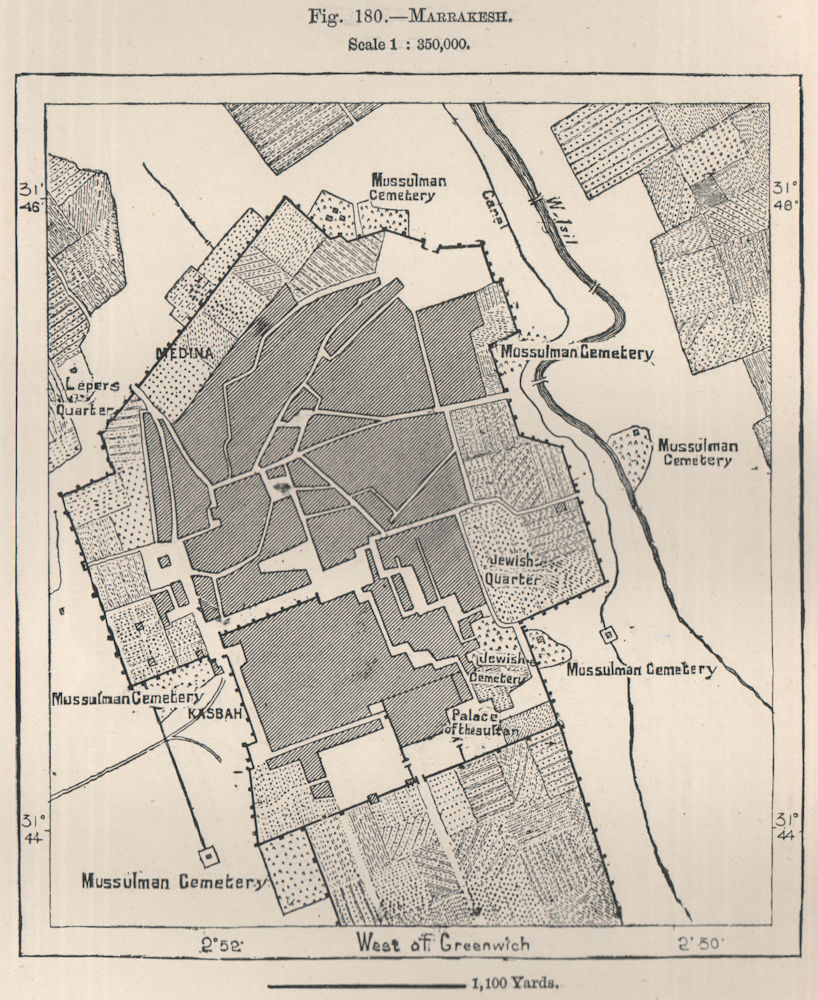 Marrakesh. Marrakech. Morocco 1885 old antique vintage map plan chart