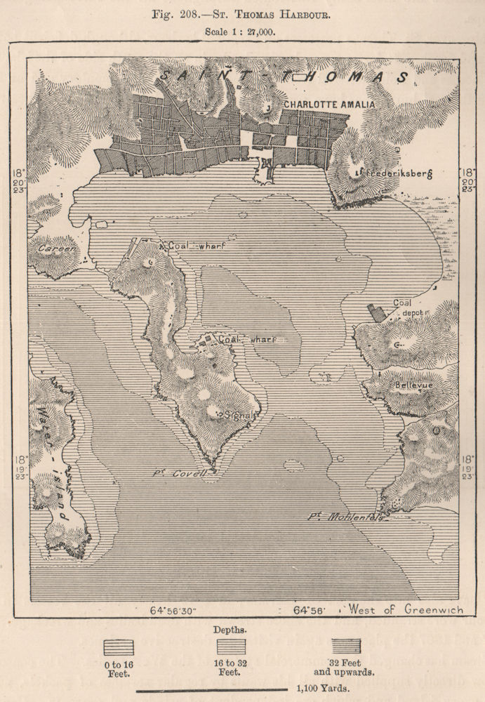 St. Thomas Harbour. Virgin Islands 1885 old antique vintage map plan chart