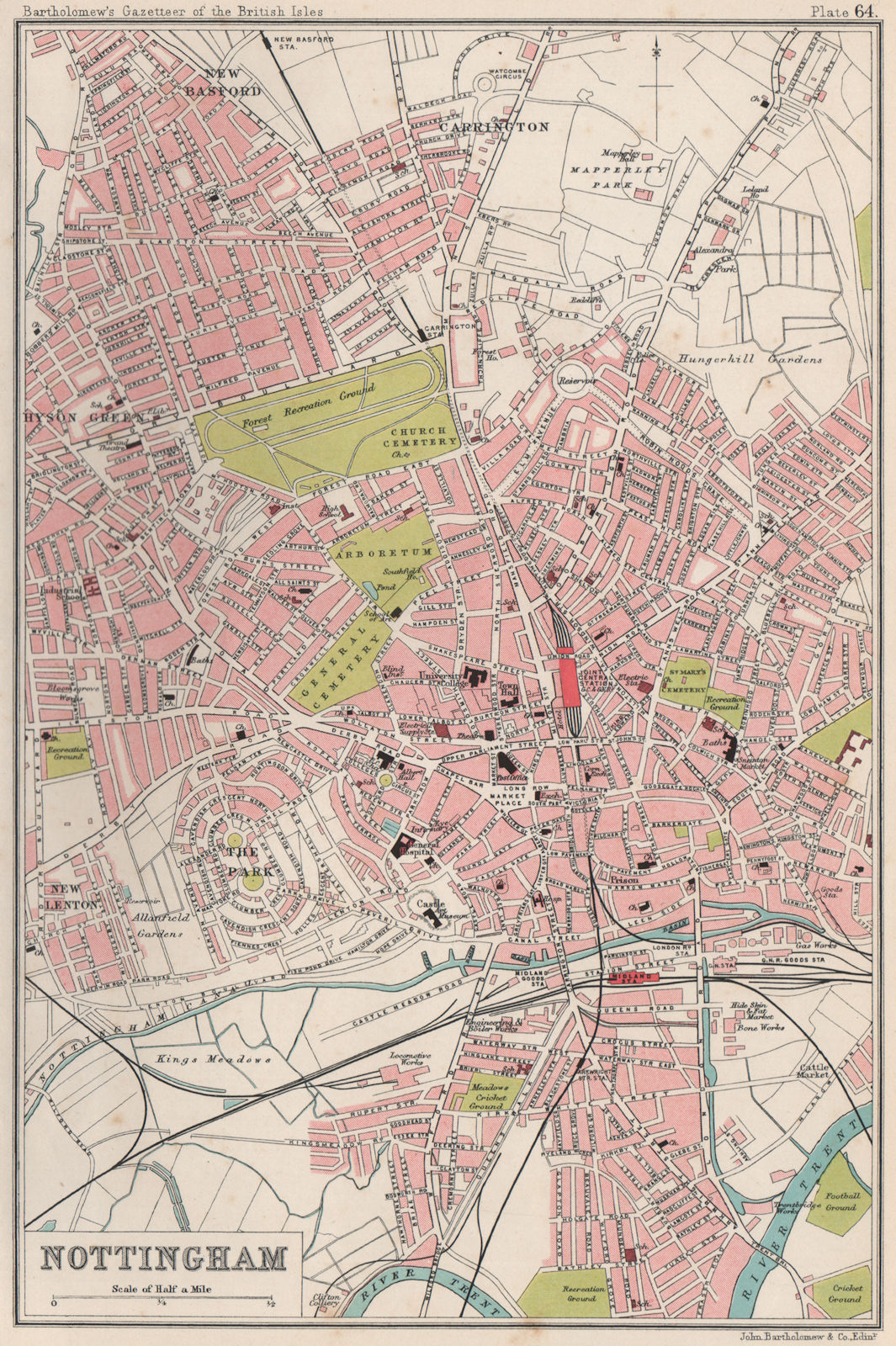 NOTTINGHAM antique town/city plan. BARTHOLOMEW 1904 old map chart