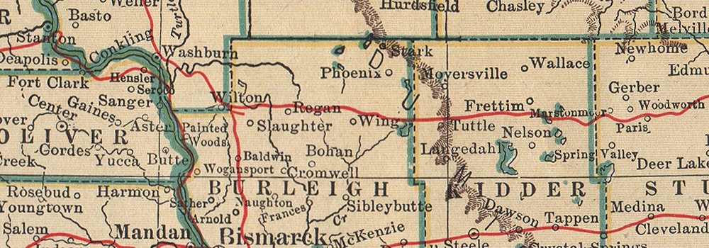 North Dakota state map showing railroads. POATES 1925 old vintage chart